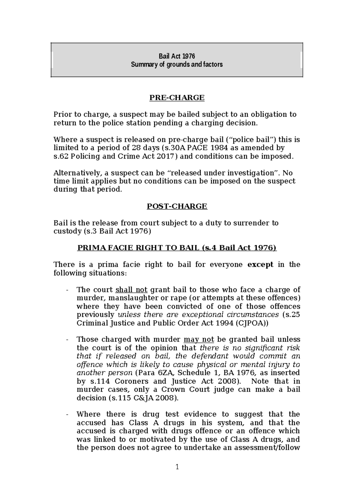 Bail Act 1976: Summary of Grounds and Factors for Legal Reference - Studocu