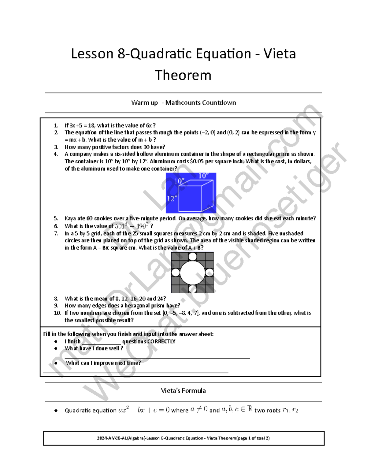 2024-AMC8-AL(Algebra)-Lesson 8-Vieta's Theorem and Quadratic Equations ...