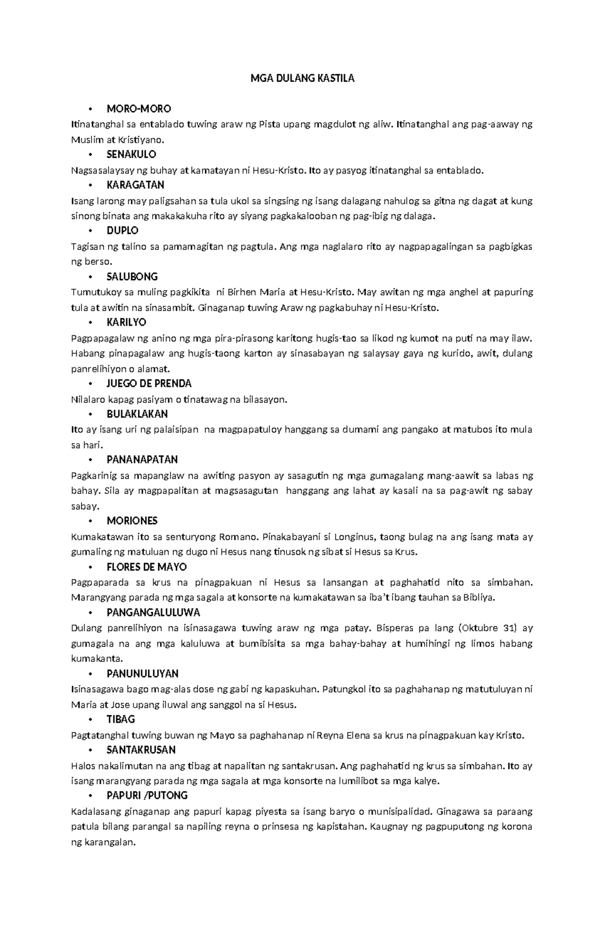 MGA DULANG KASTILA: Mga Tradisyonal na Tanyag na Pagsasadula - Studocu