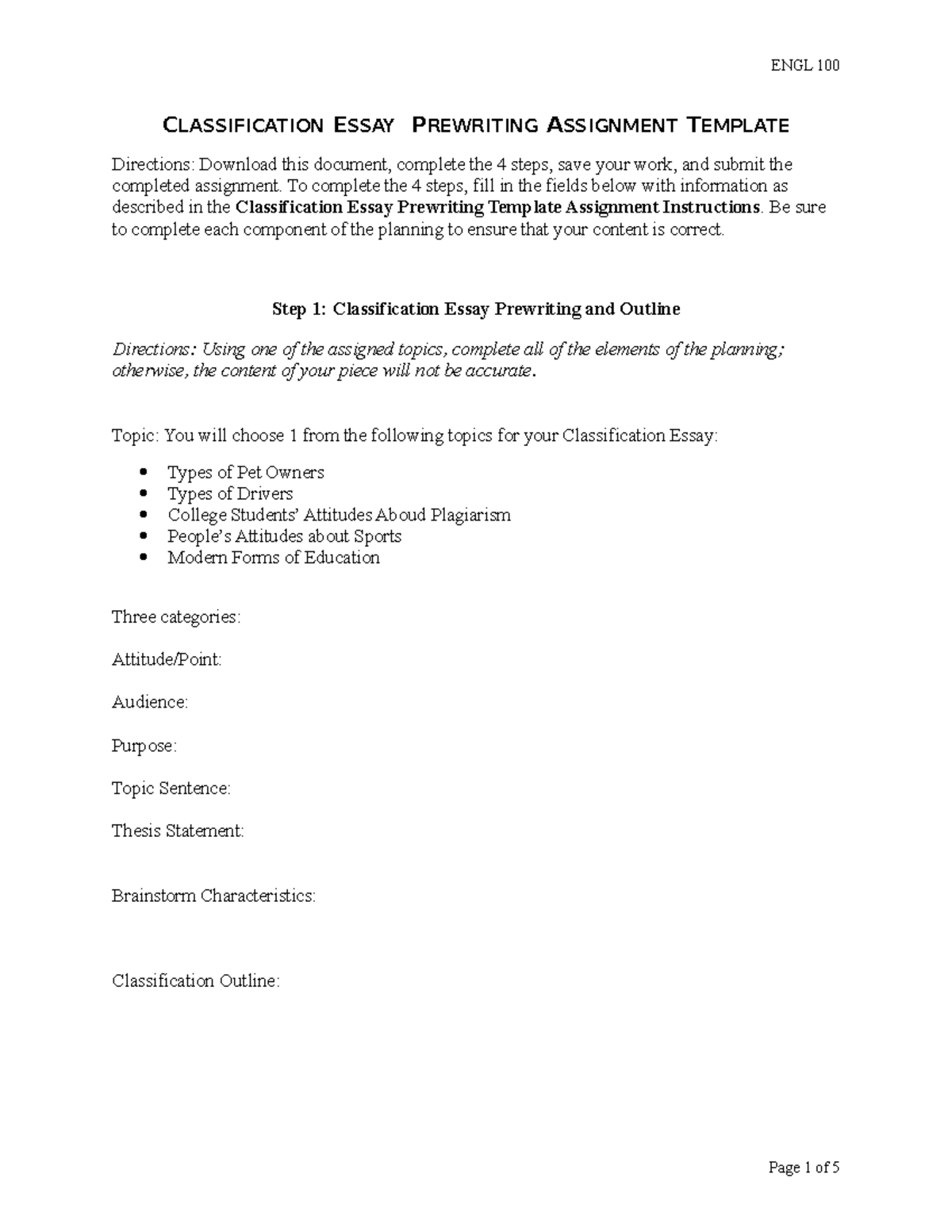 Classification Essay Prewriting Assignment Template (ENG101) - Studocu