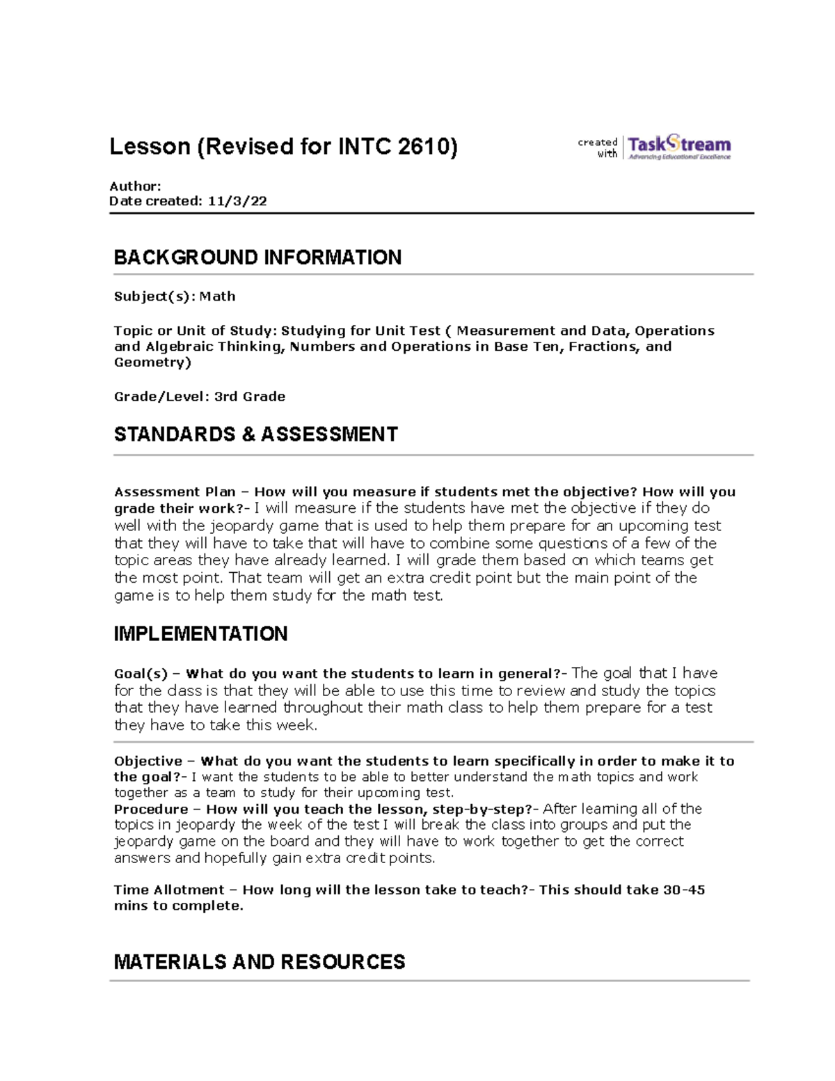 Gaming Lesson Plan - Assignment - Lesson (Revised for INTC 2610) Author ...
