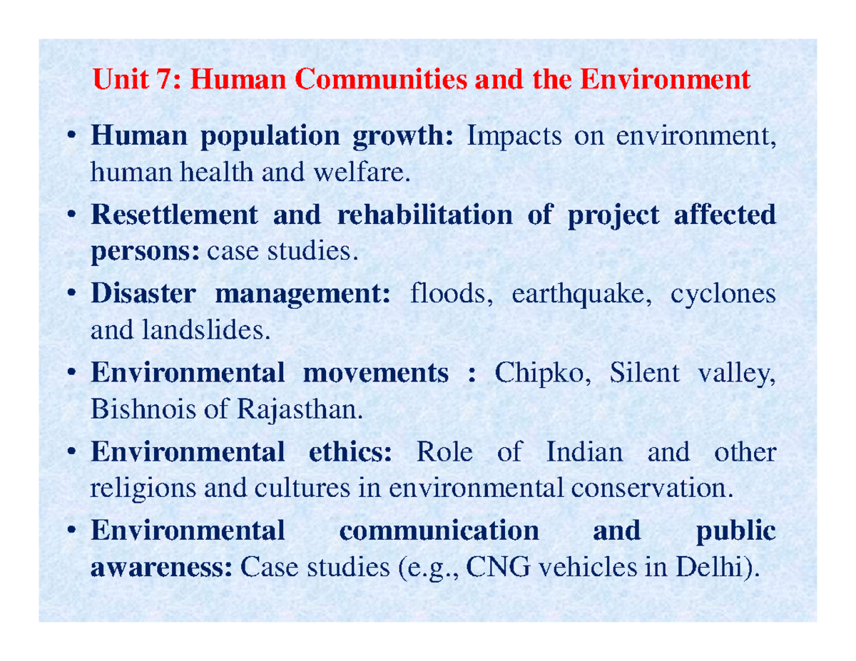 Unit 7 EVS - Unit 7: Human Communities and the Environment Human ...