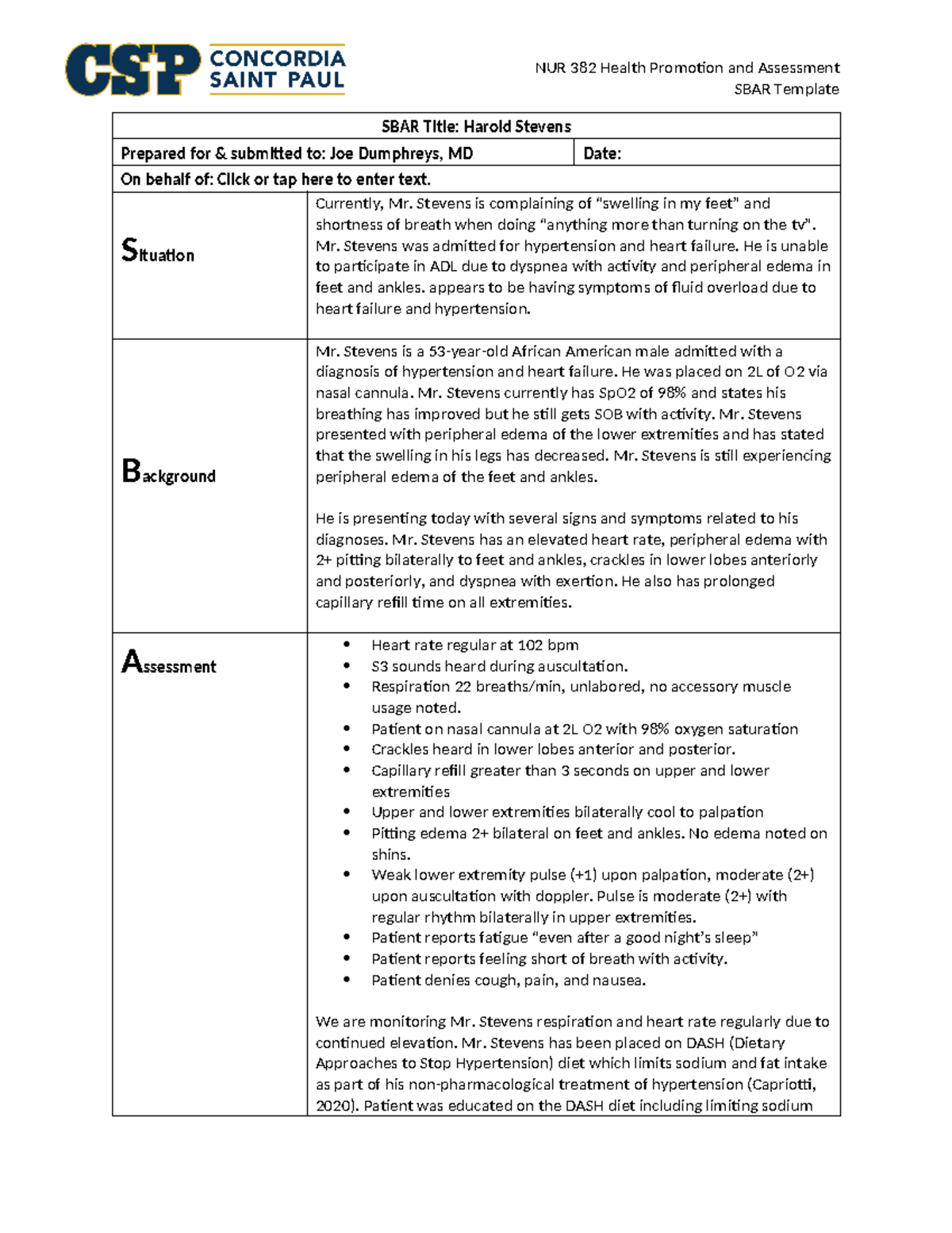 SBAR Case Study: Mr. Harold Stevens - Hypertension & Heart Failure ...