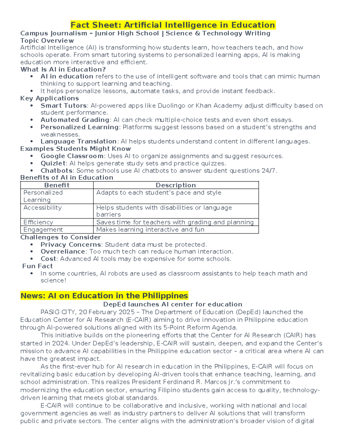 Fact Sheet: AI in Education Overview for Junior High School - Studocu
