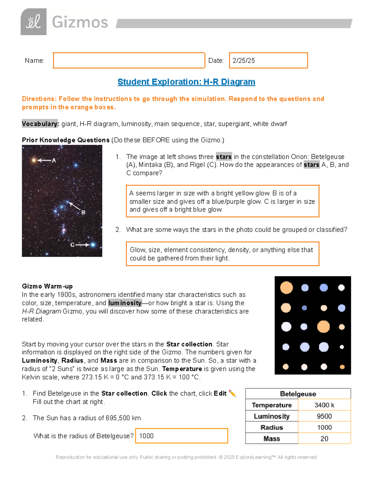 Gizmo H-R Diagram - Name: Date: 2/25/ Student Exploration: H-R Diagram ...
