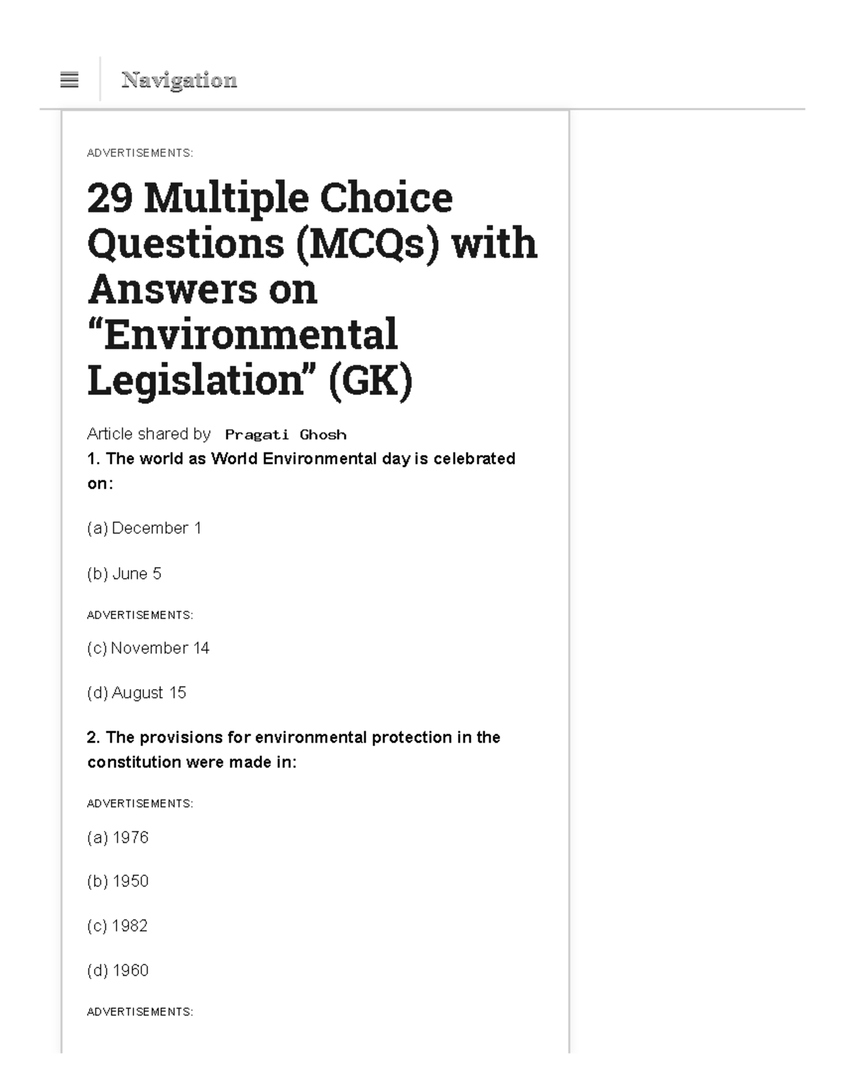 29 MCQs with Solutions on Environmental Legislation for GK Exam - Studocu