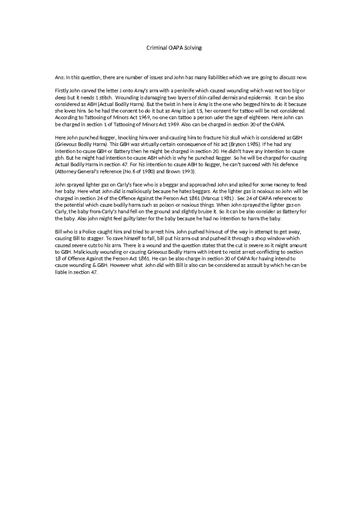 OAPA Case Study: John's Liabilities in Assault and Bodily Harm - Studocu