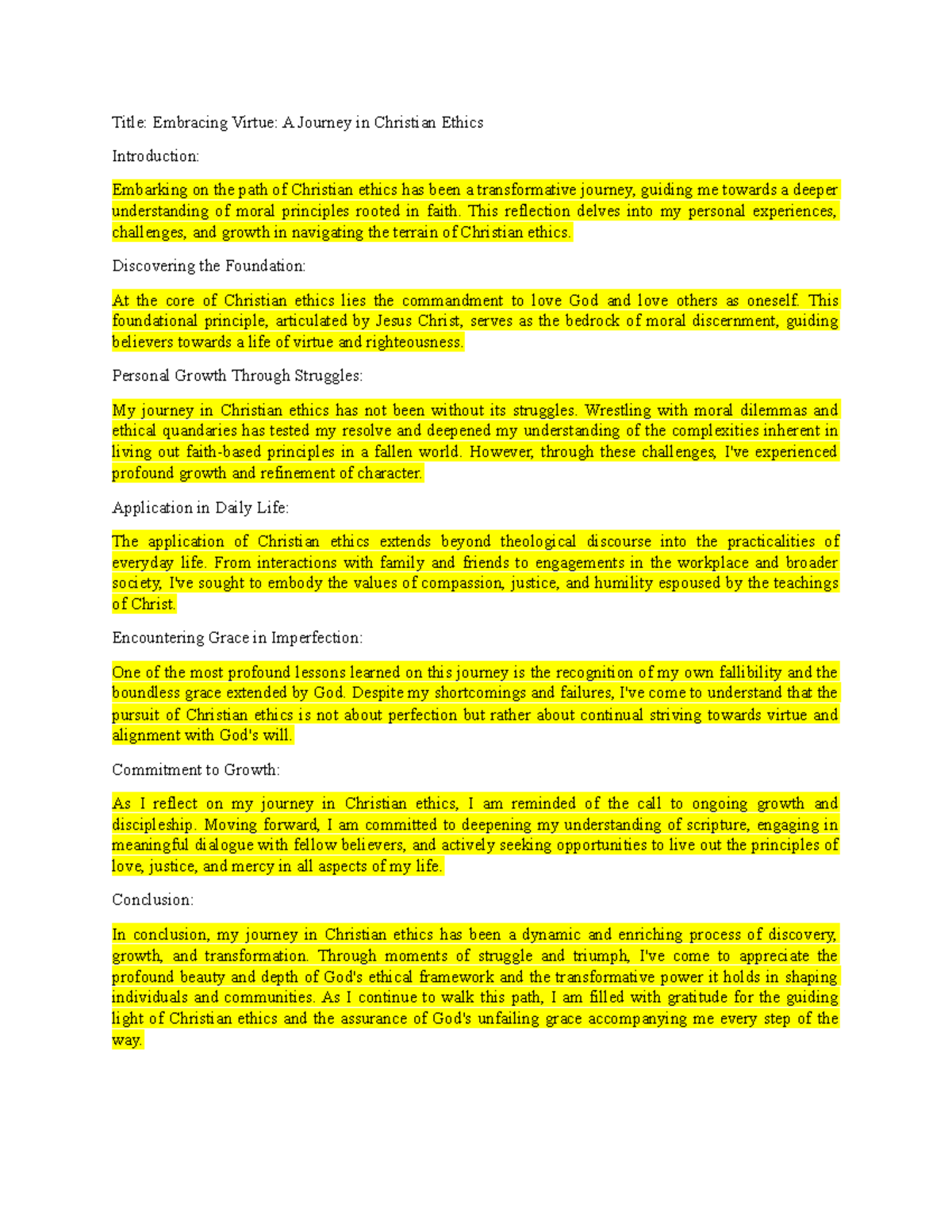 Christian Ethics Reflection: Embracing Moral Growth and Virtue - Studocu