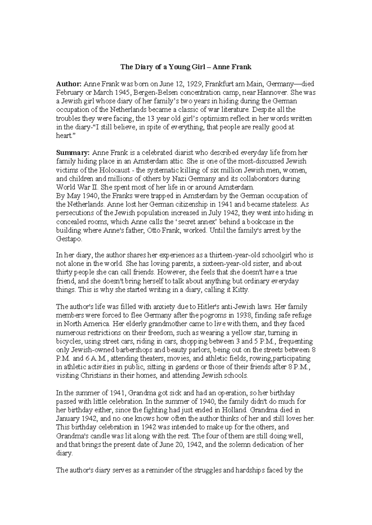 Anne Frank Diary - Summary of the Syllabus Excerpt - The Diary of a ...