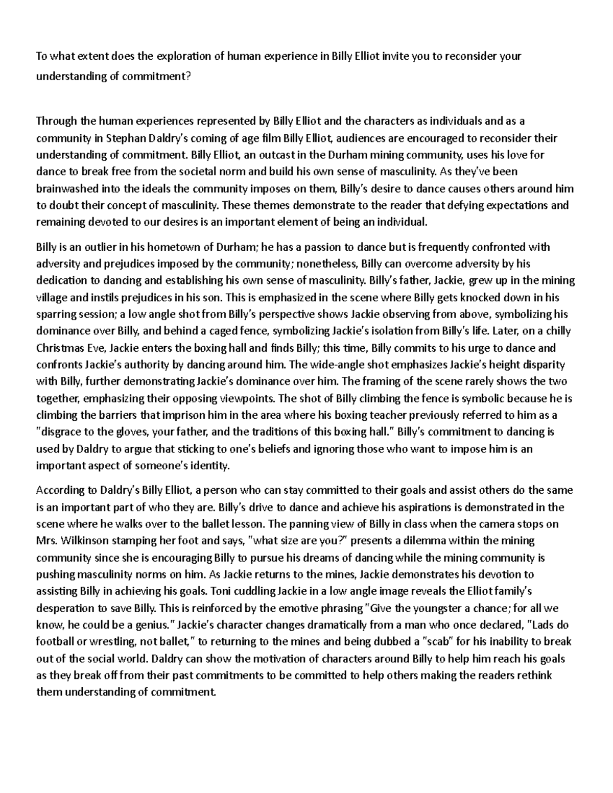 Reconsidering Commitment in Billy Elliot (2019 HSC Analysis) - Studocu