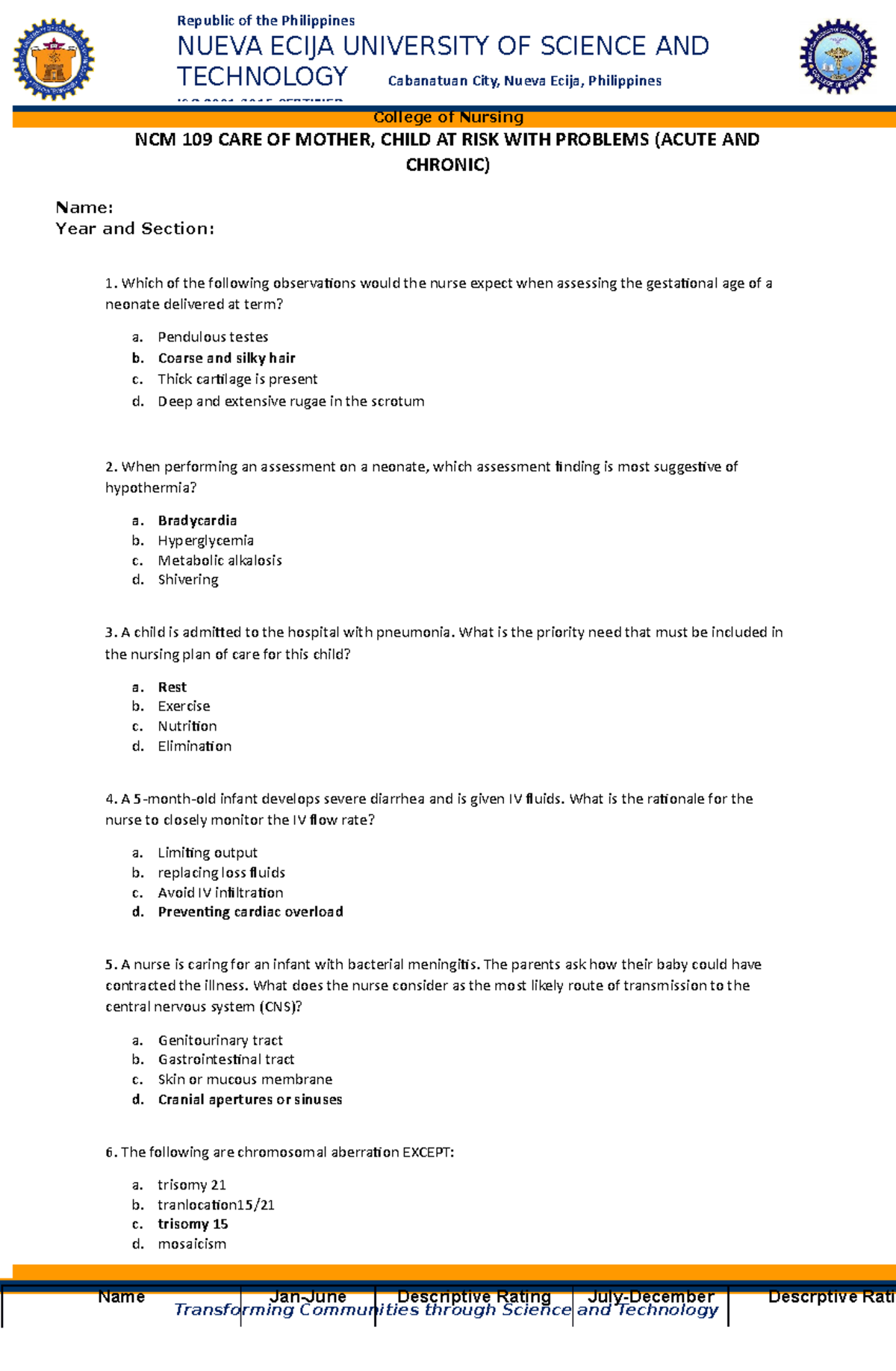 Midterm exam ncm 109 pedia AB - College of Nursing NCM 109 CARE OF MOTHER, CHILD AT RISK WITH ...