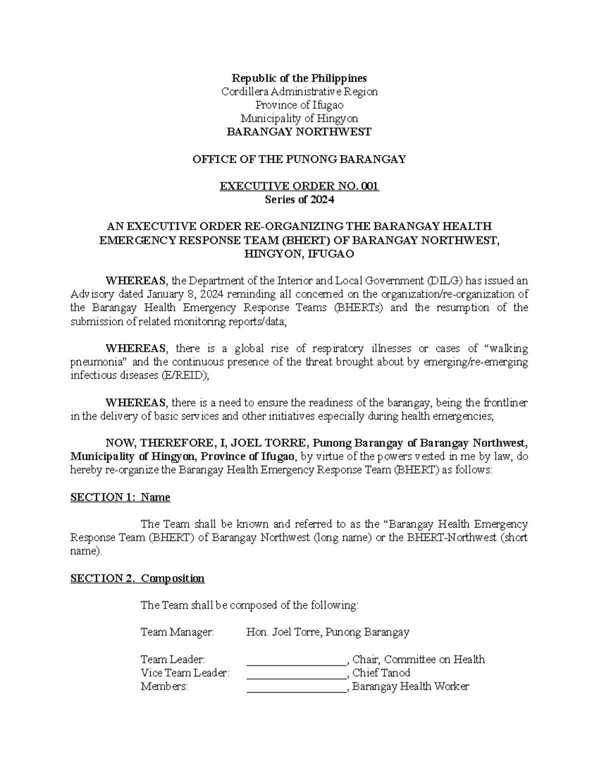 BHERT Re-Organization Executive Order No. 001 - Bar. Northwest 2024 ...