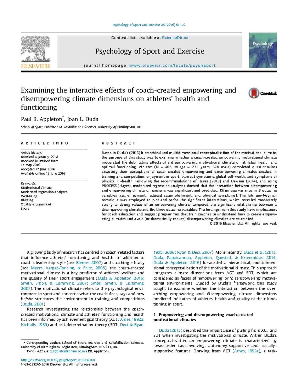 Examining Coach-Created Motivational Climate Effects on Athlete Health ...