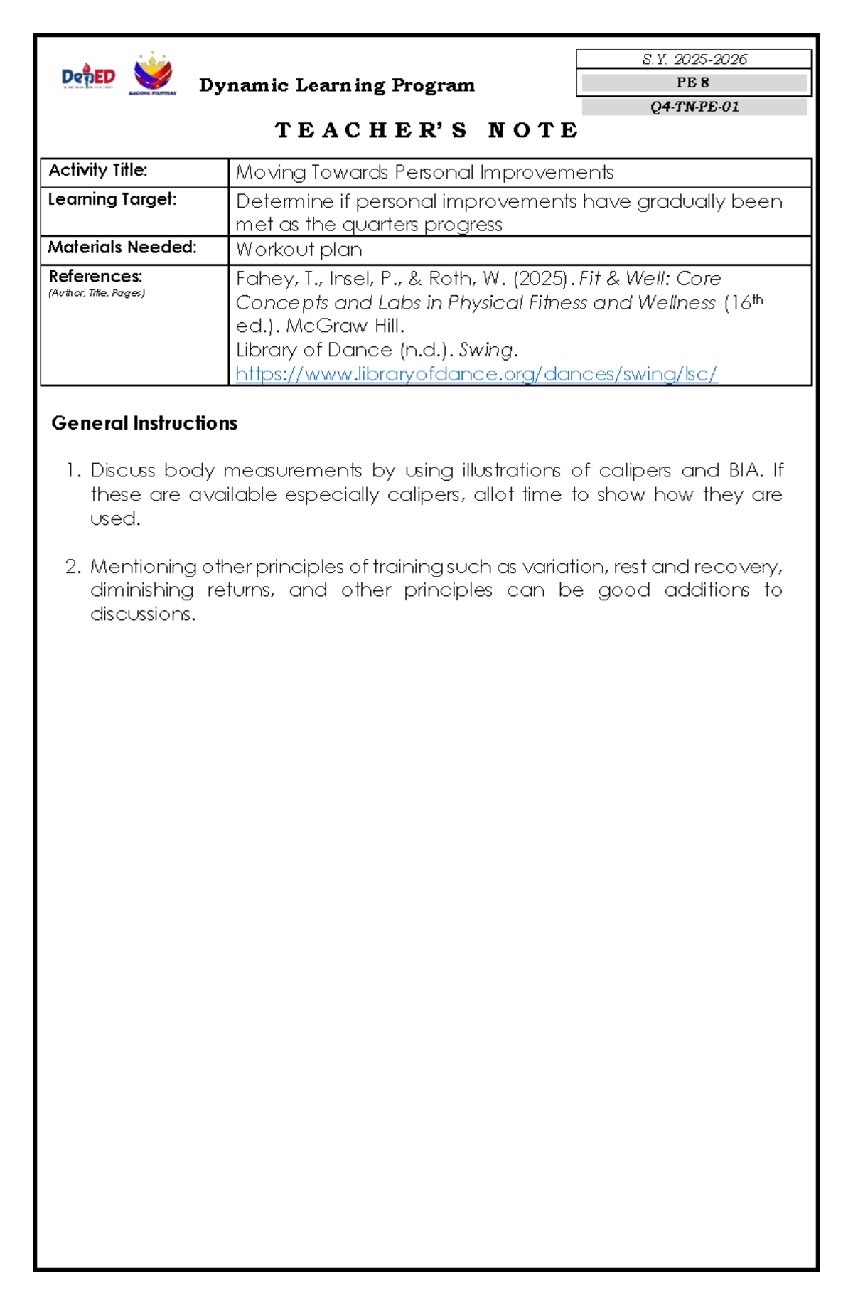 Q4 TN PE8 01 - Personal Improvements in Dynamic Learning Program - Studocu