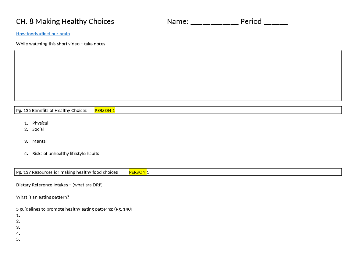 Ch. 8 Making Healthy Choices - Health Benefits & Guidelines Notes - Studocu