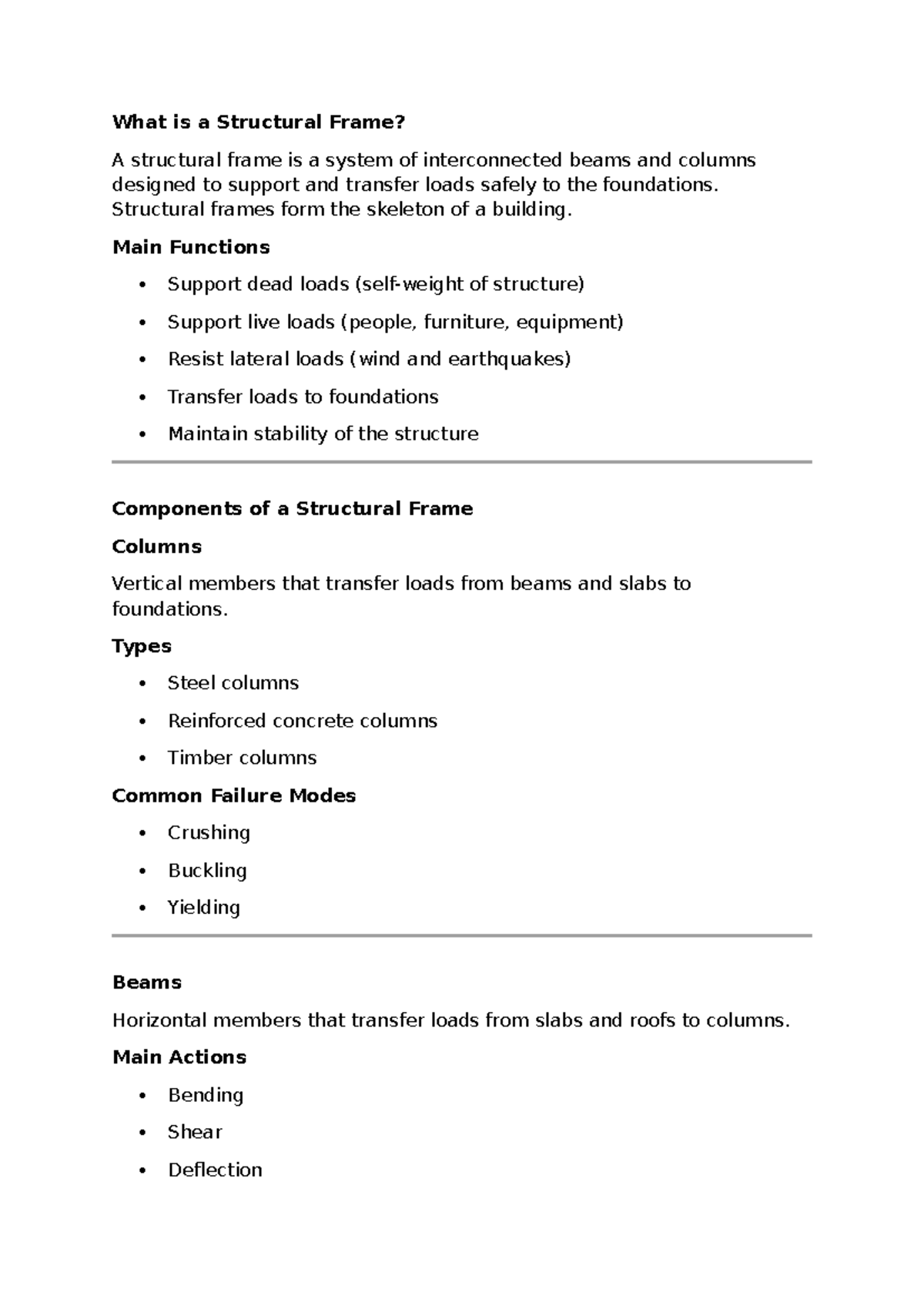 Structural Frame Notes - Simplifying Key Concepts (ENG 101) - Studocu