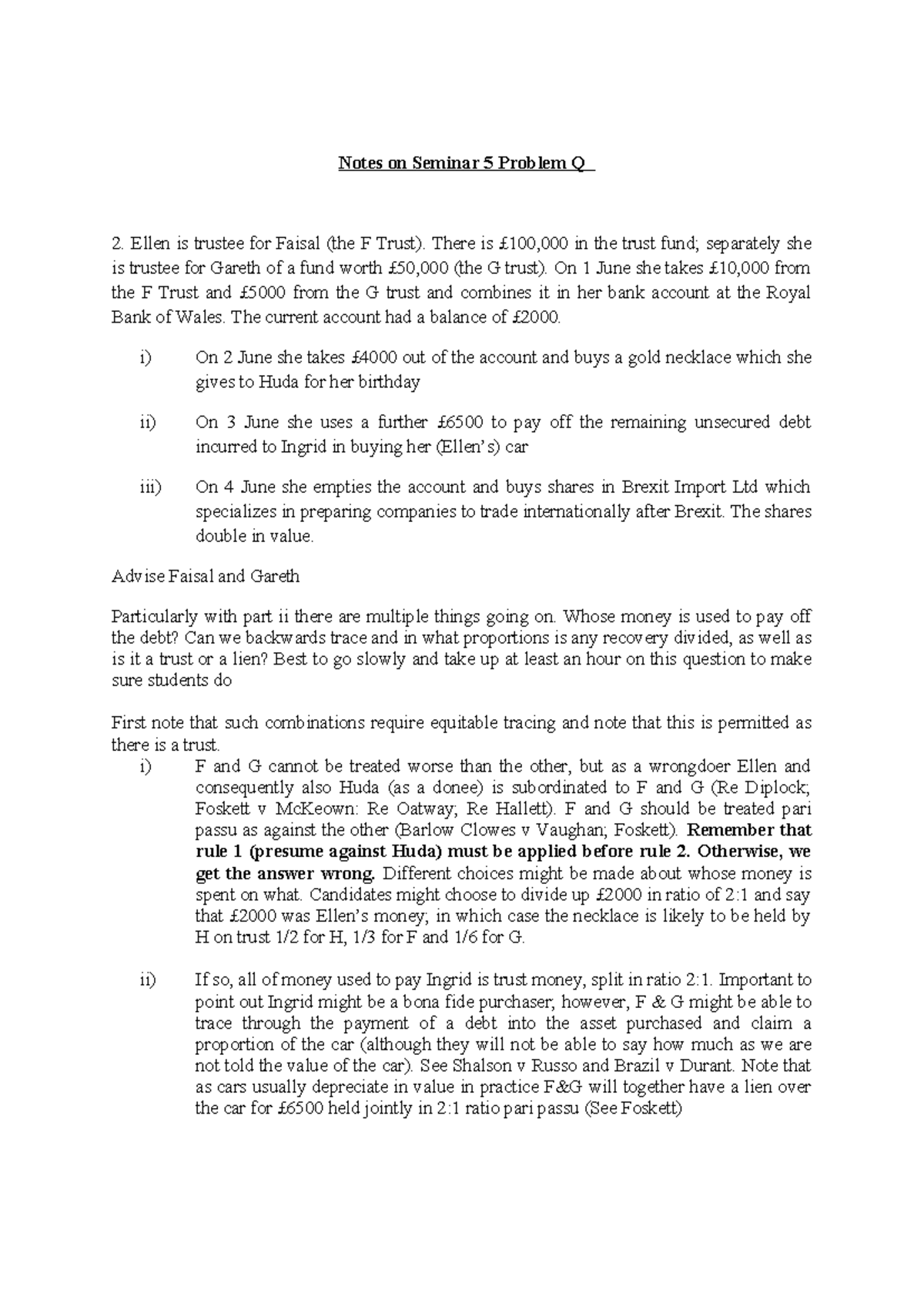 Seminar 5 PQ Notes: Trusts & Equitable Tracing Analysis - Studocu