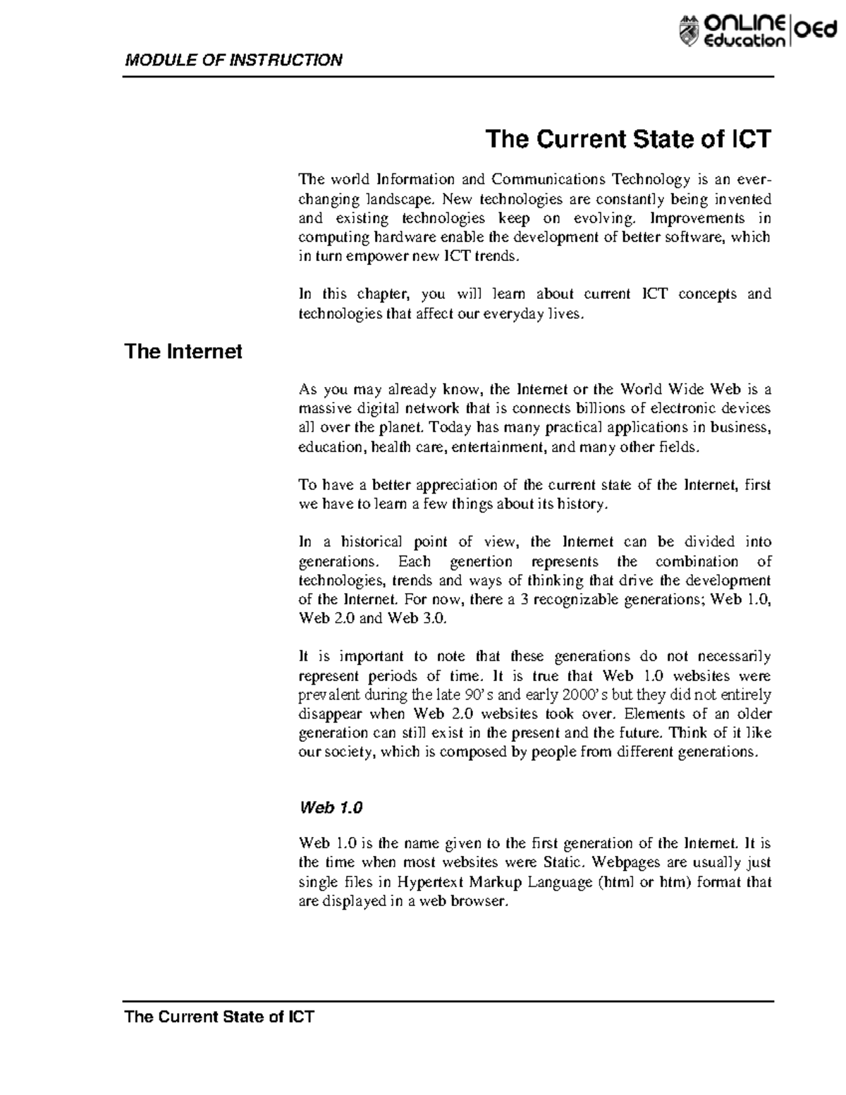 Week 001-Module Current State of ICT - MODULE OF INSTRUCTION The ...