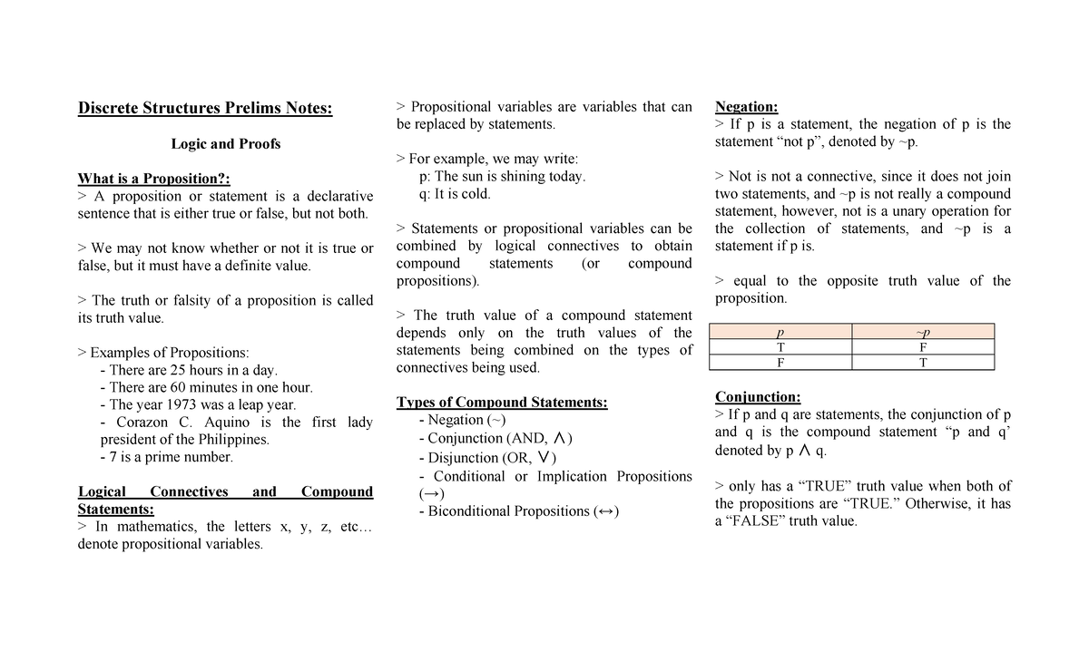 Discrete Structures MATH 101 Prelims Study Notes on Logic and Proofs ...