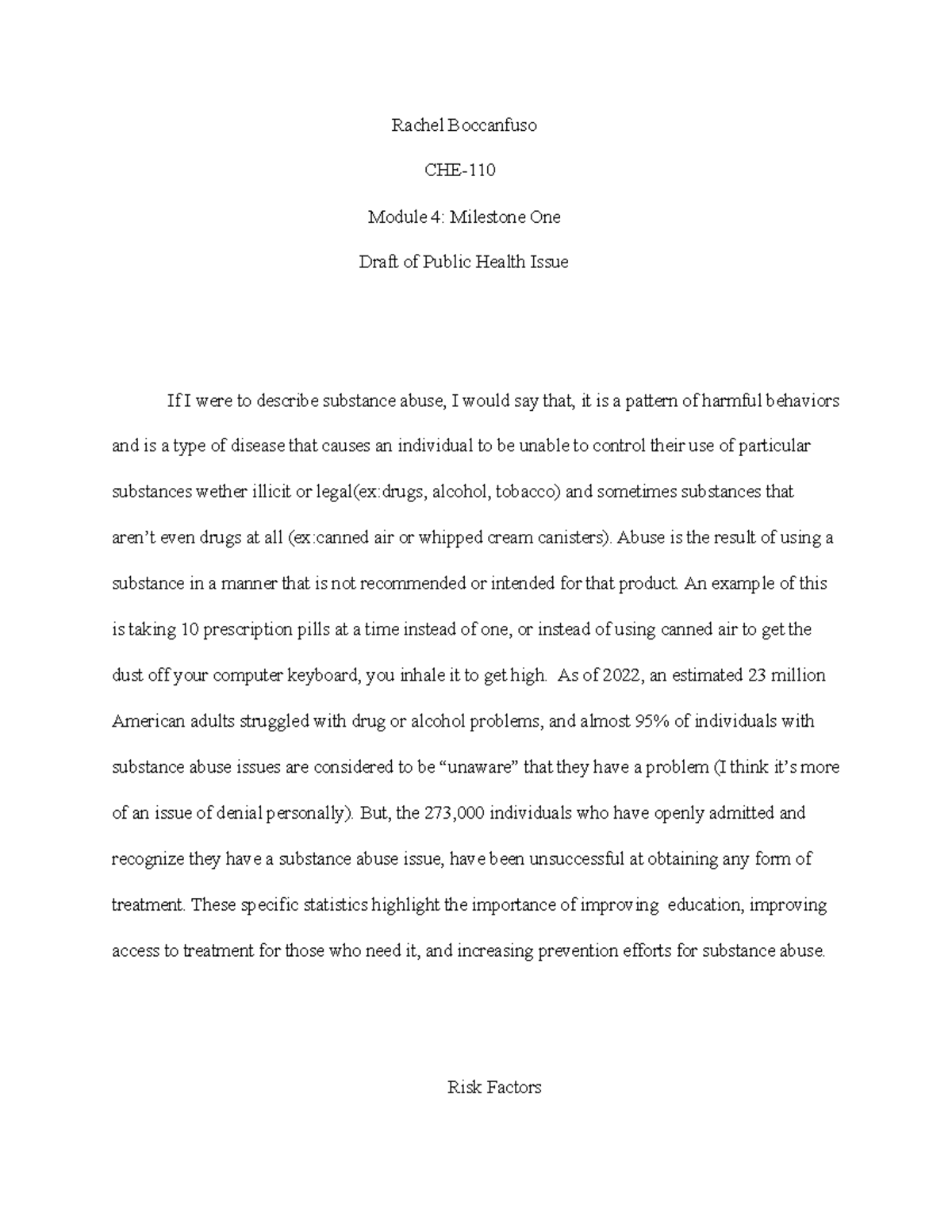 CHE-110 Module 4: Milestone 1 Draft on Substance Abuse Issues - Studocu