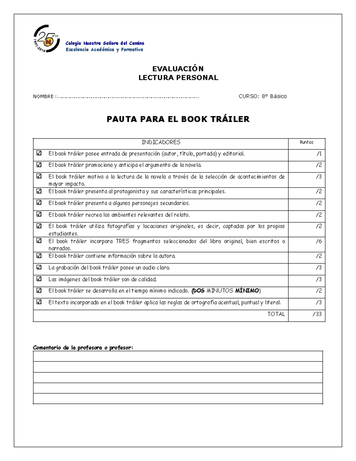 Pauta para el Book Trailer - Curso Básico Evaluación Académica - Studocu