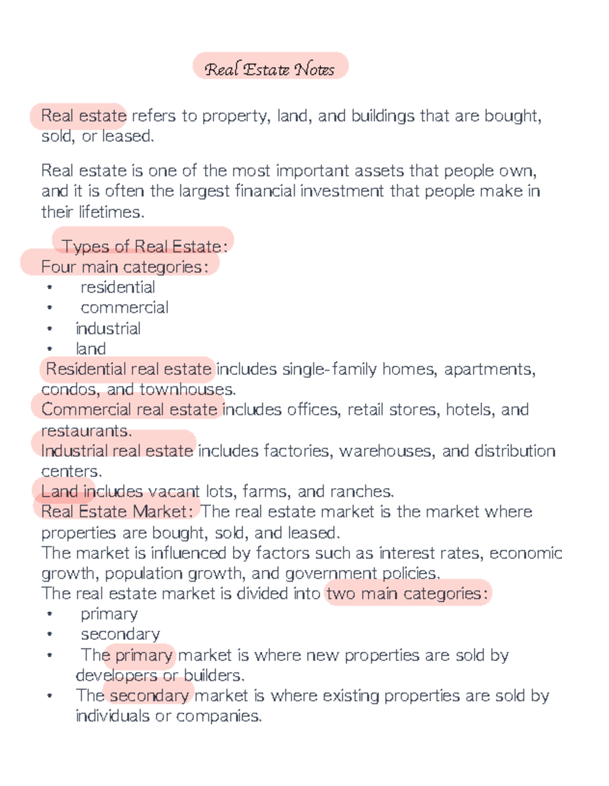 Realestate Notes - Real Estate Notes Real estate refers to property ...