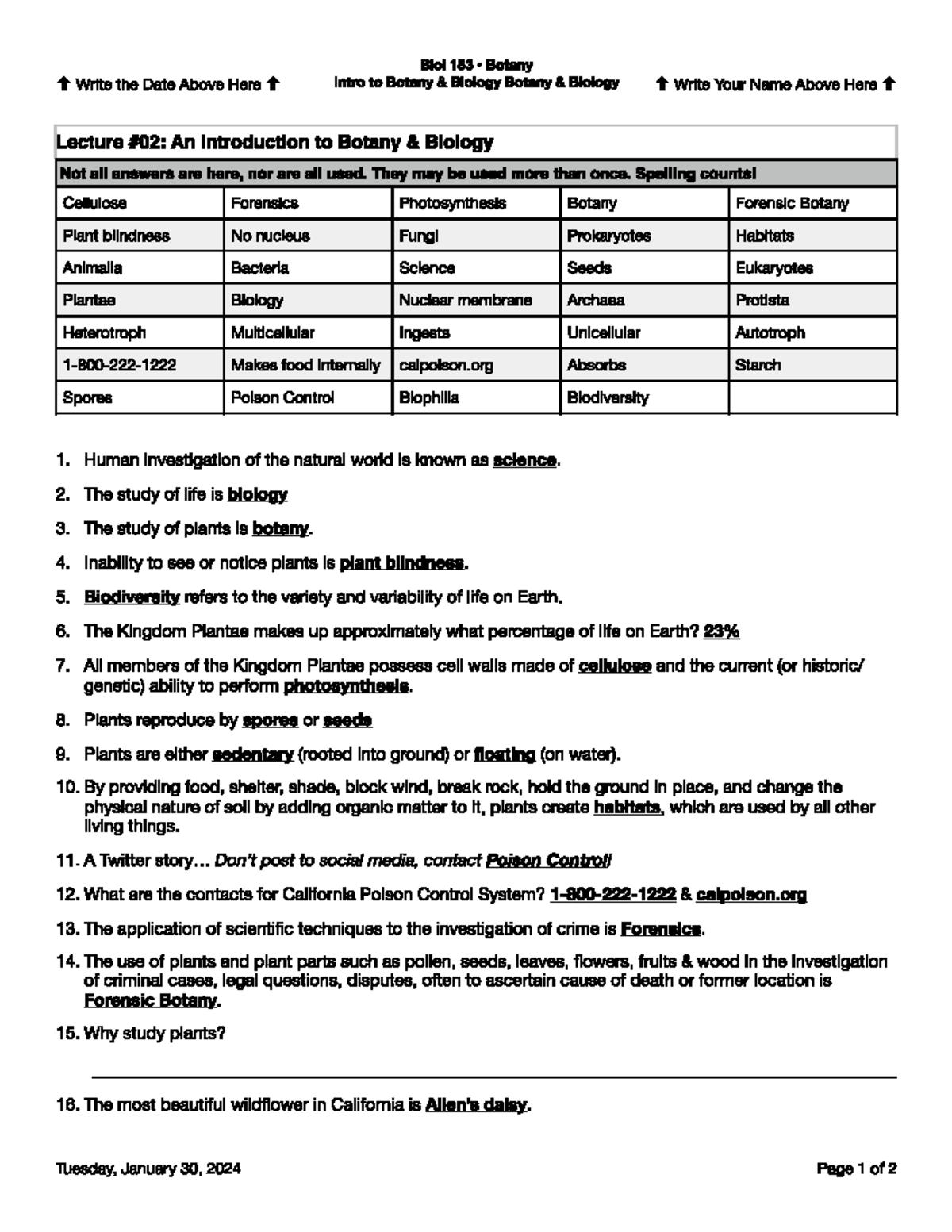 Biol 183 Lecture Notes: Key Concepts in Botany & Biology - Studocu