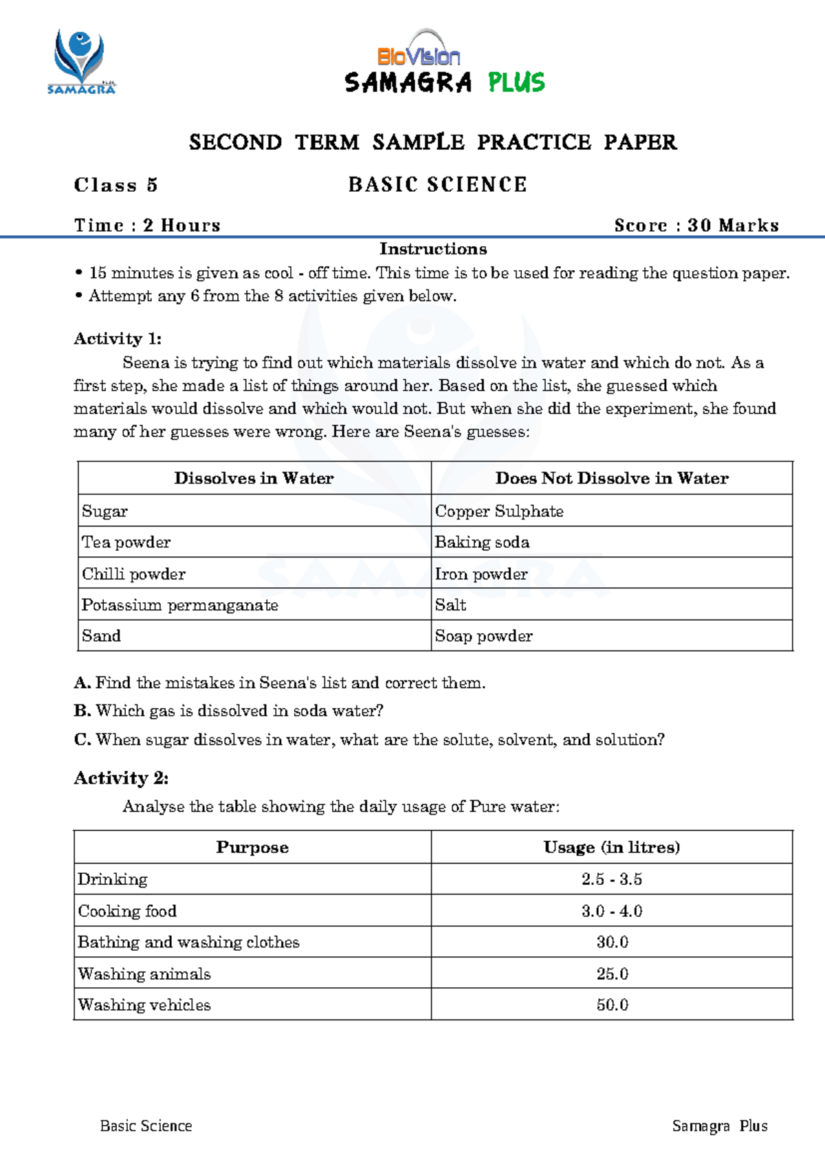 BIO- Class 5 Basic Science Second Term Exam Sample Questions - Key - Studocu