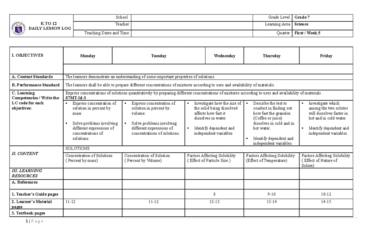 Cookery DLL Oct 3-7 - GRADE 9 DAILY LESSON LOG School: Damayohan ...