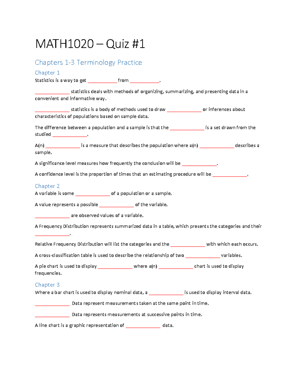 MATH1020 Chapters 1-3 Terminology Quiz Practice & Answer Key - Studocu