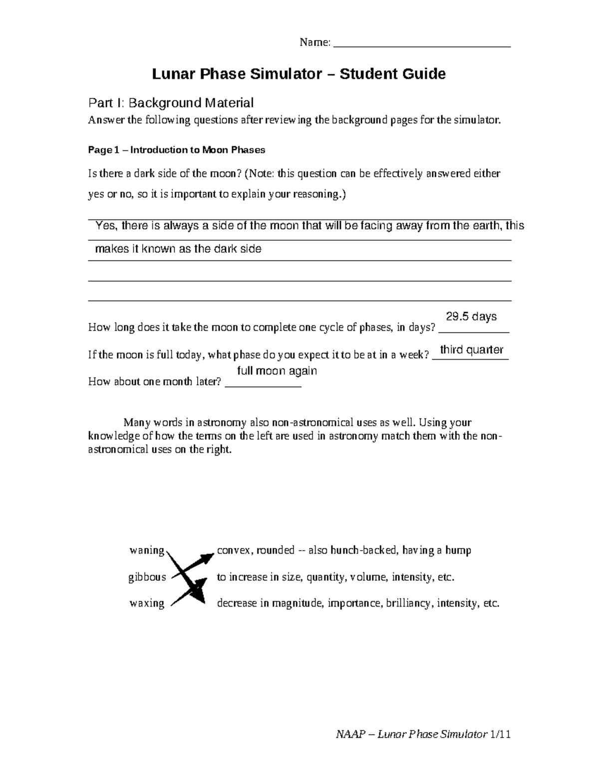 Lab 6: Moon Phases Student Guide & Answer Key - Intro to Astronomy 103 ...