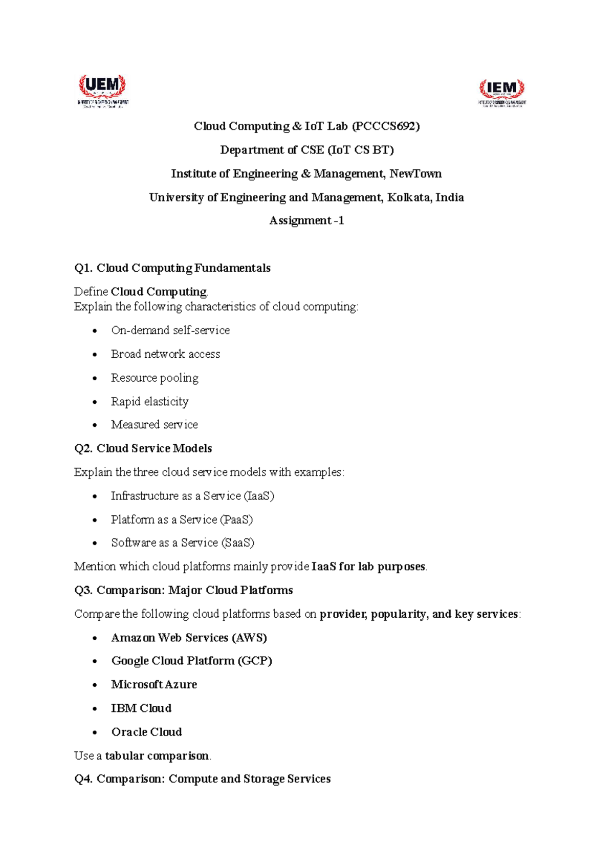 Cloud Computing Assignment 1 - IoT CS BT Lab Overview - Studocu