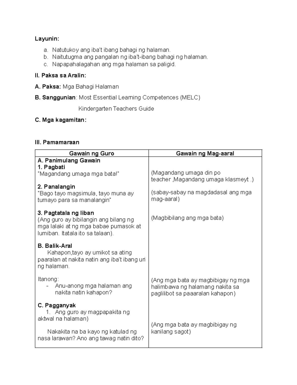 4. Mga Bahagi ng Halaman - Lesson Plan para sa Kindergarten - Studocu
