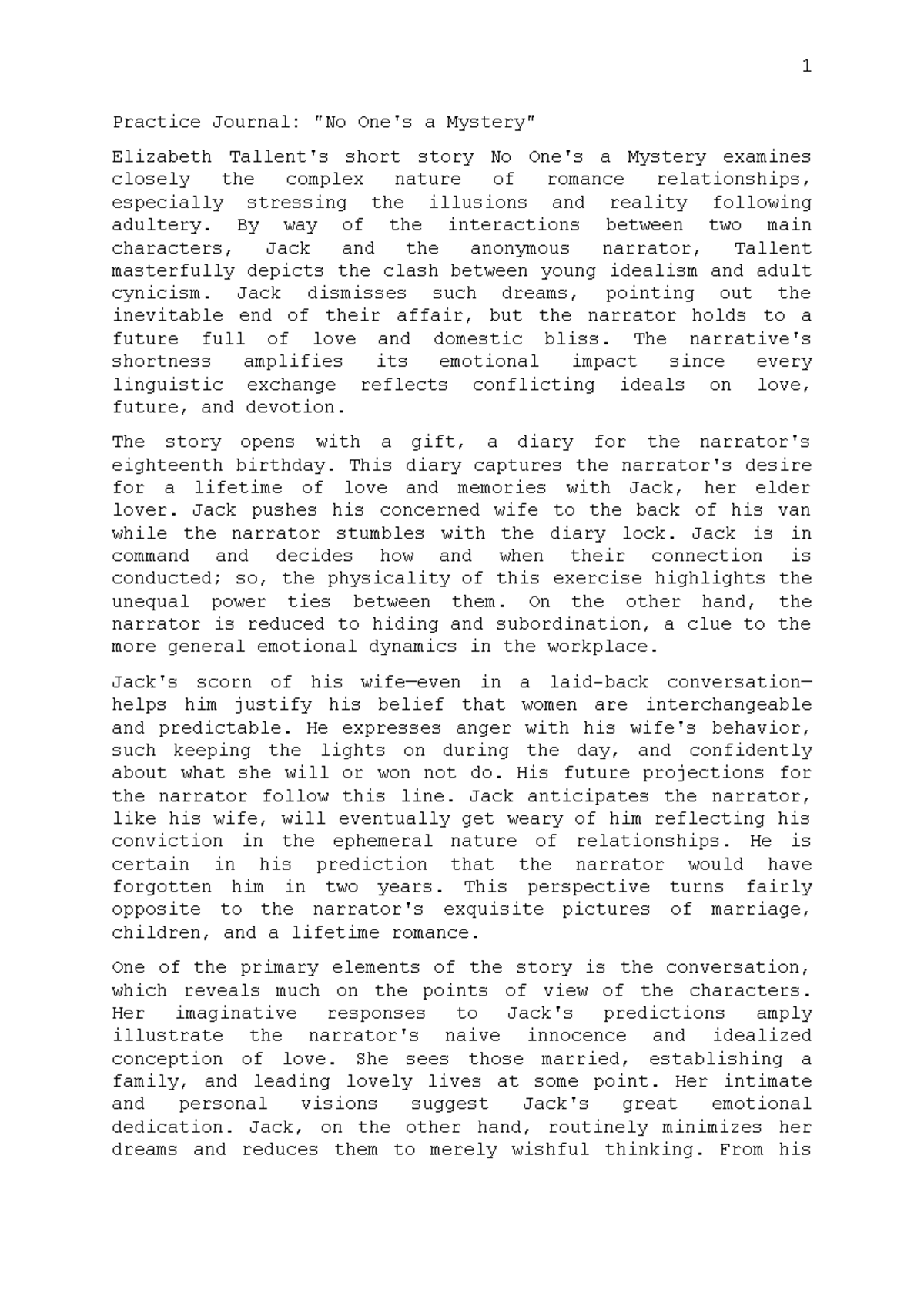 Practice Journal - eassy - 1 Practice Journal: "No One's a Mystery ...