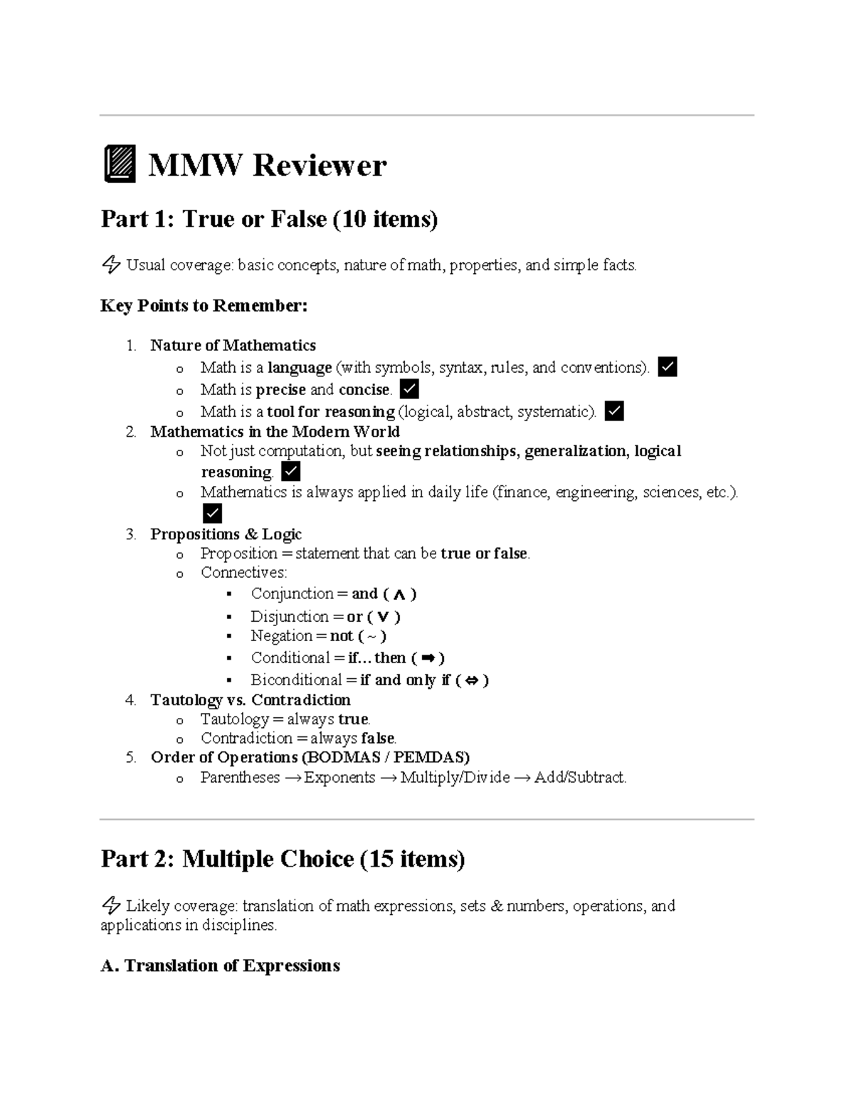 MMW Reviewer: True/False, MCQs, and Essay Questions Guide - Studocu