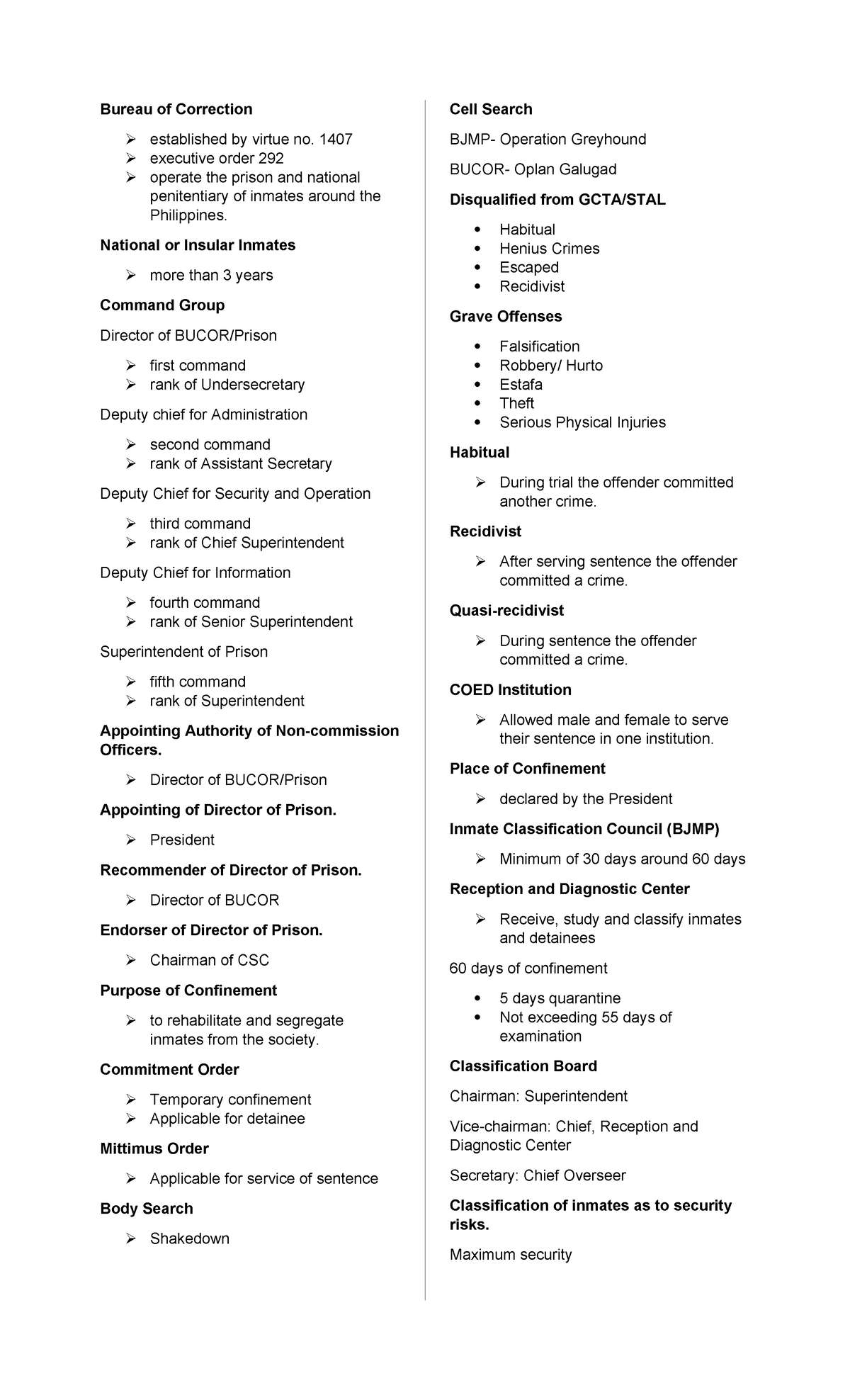 Bucor Reviewer: Overview of Bureau of Correction Operations - Studocu