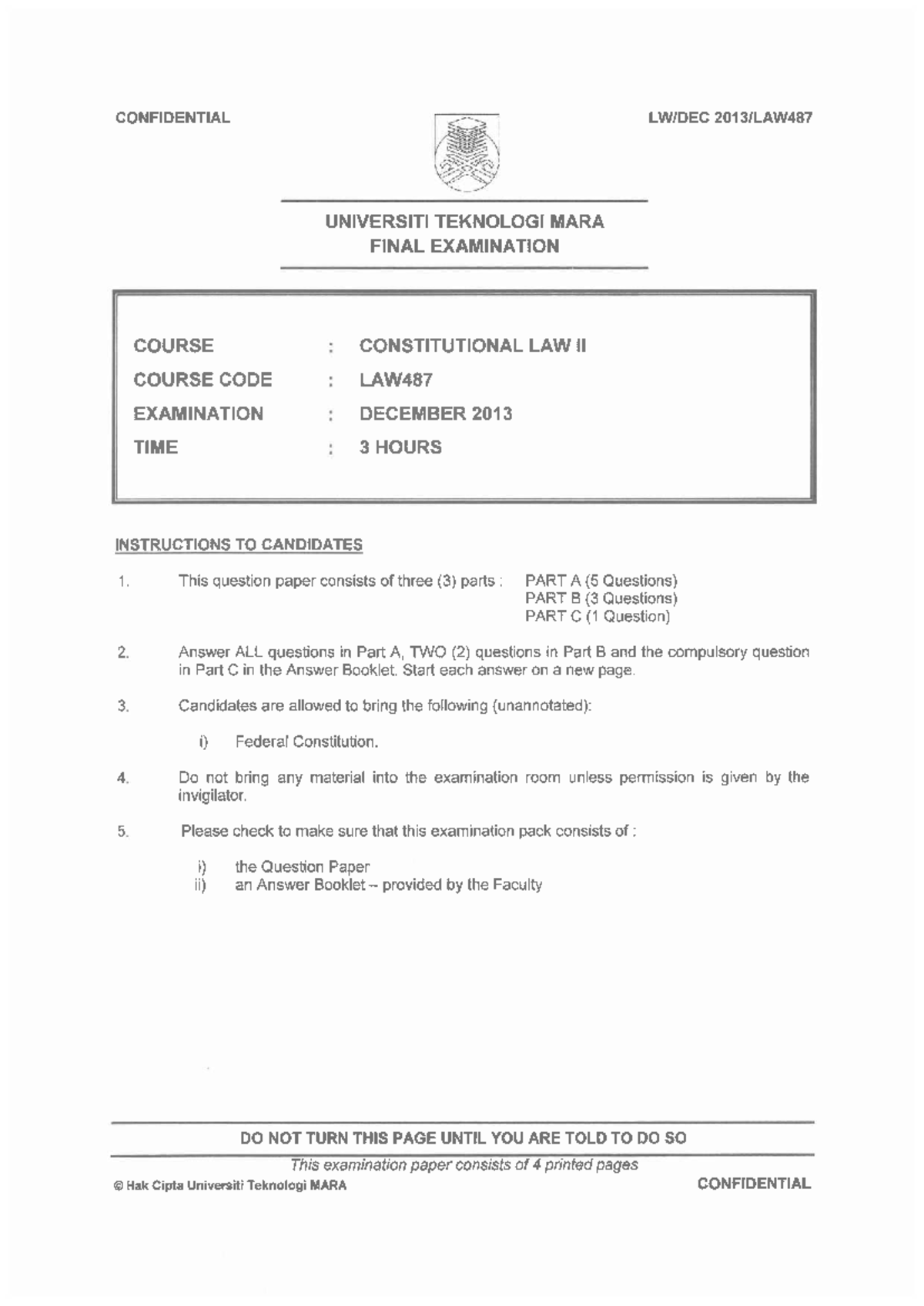 LAW487 FINAL EXAMINATION 2013 - CONSTITUTIONAL LAW II PYQ - Studocu