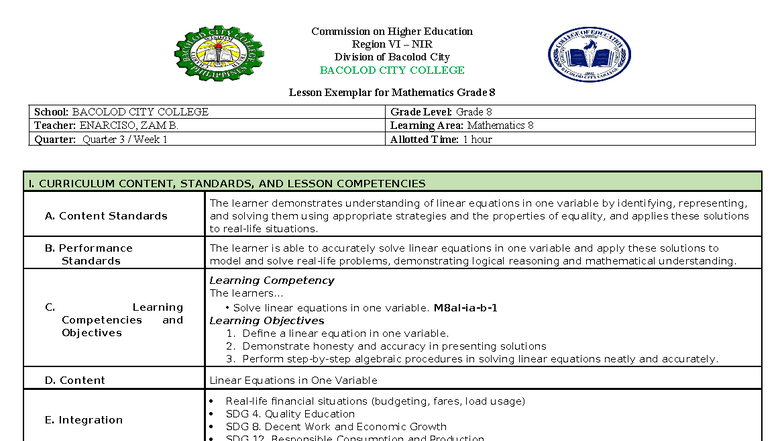 Mathematics 8 Lesson Exemplar: Linear Equations in One Variable - Studocu