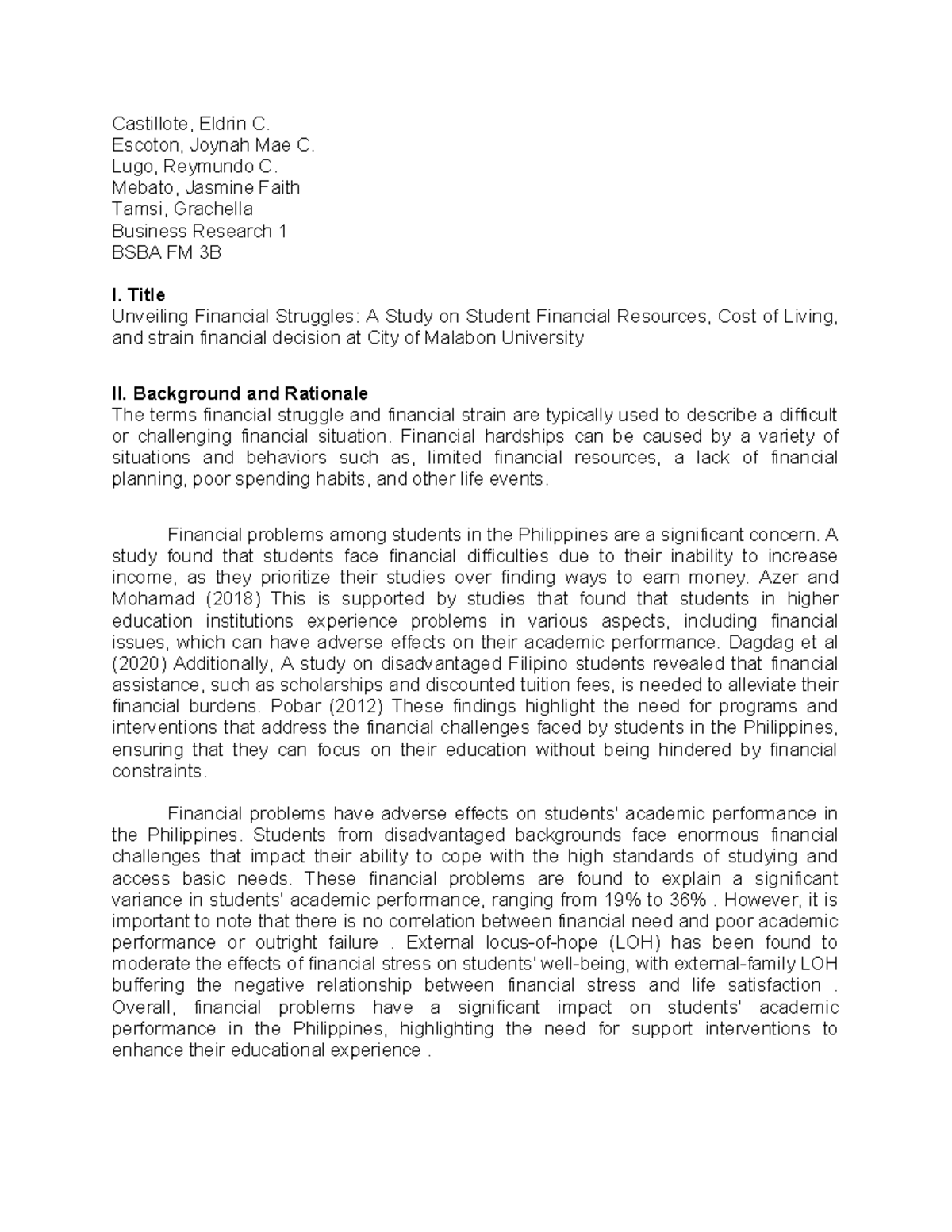 Financial Struggles in BSBA FM 3B: Insights from City of Malabon ...