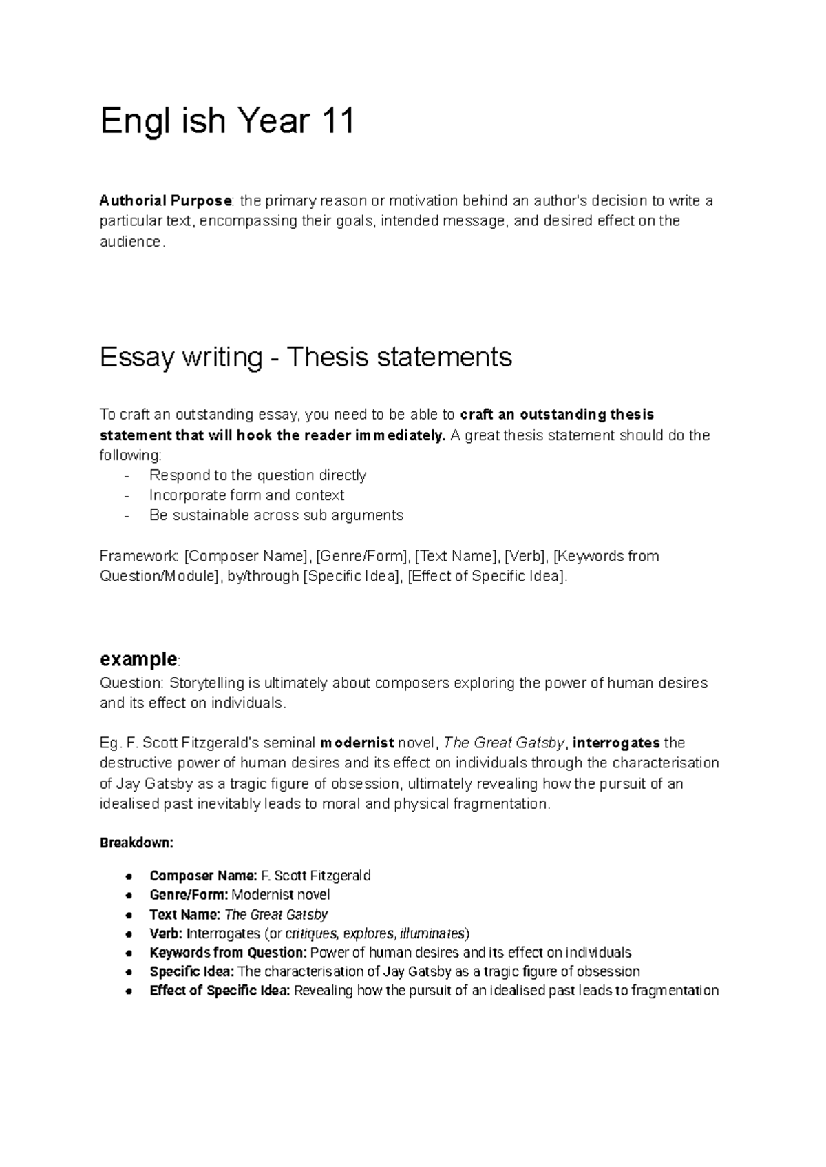 Year 11 English Study Notes: Authorial Purpose & Essay Writing ...