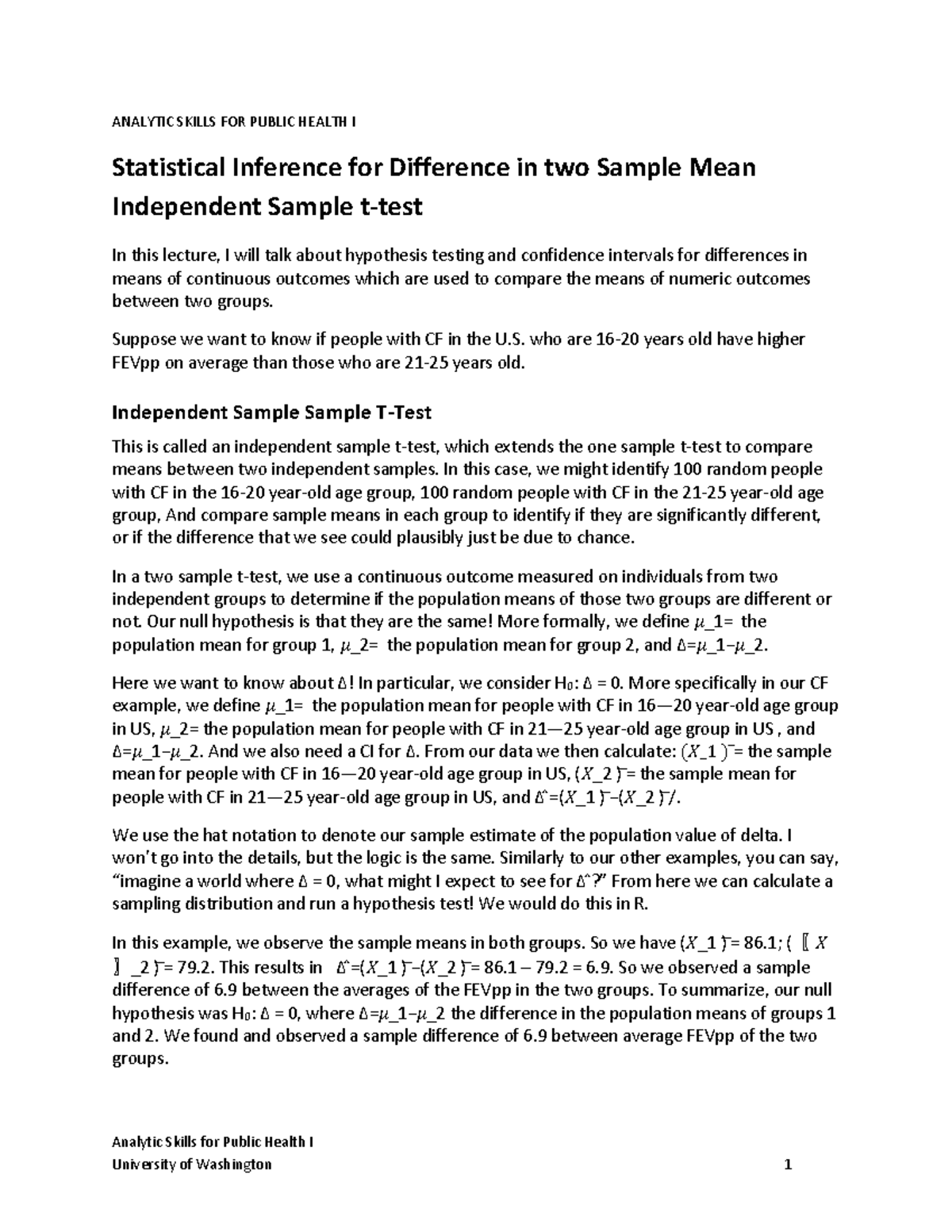Statistical Inference for Two Sample Means: Independent Sample t-test ...