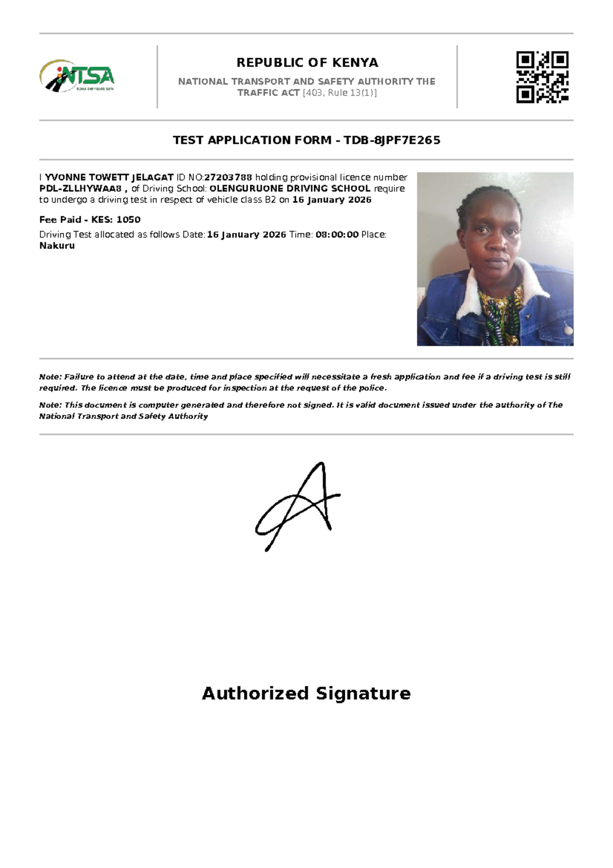 Driving Test Application Form for Class B2 - TDB-8JPF7E265 - Studocu