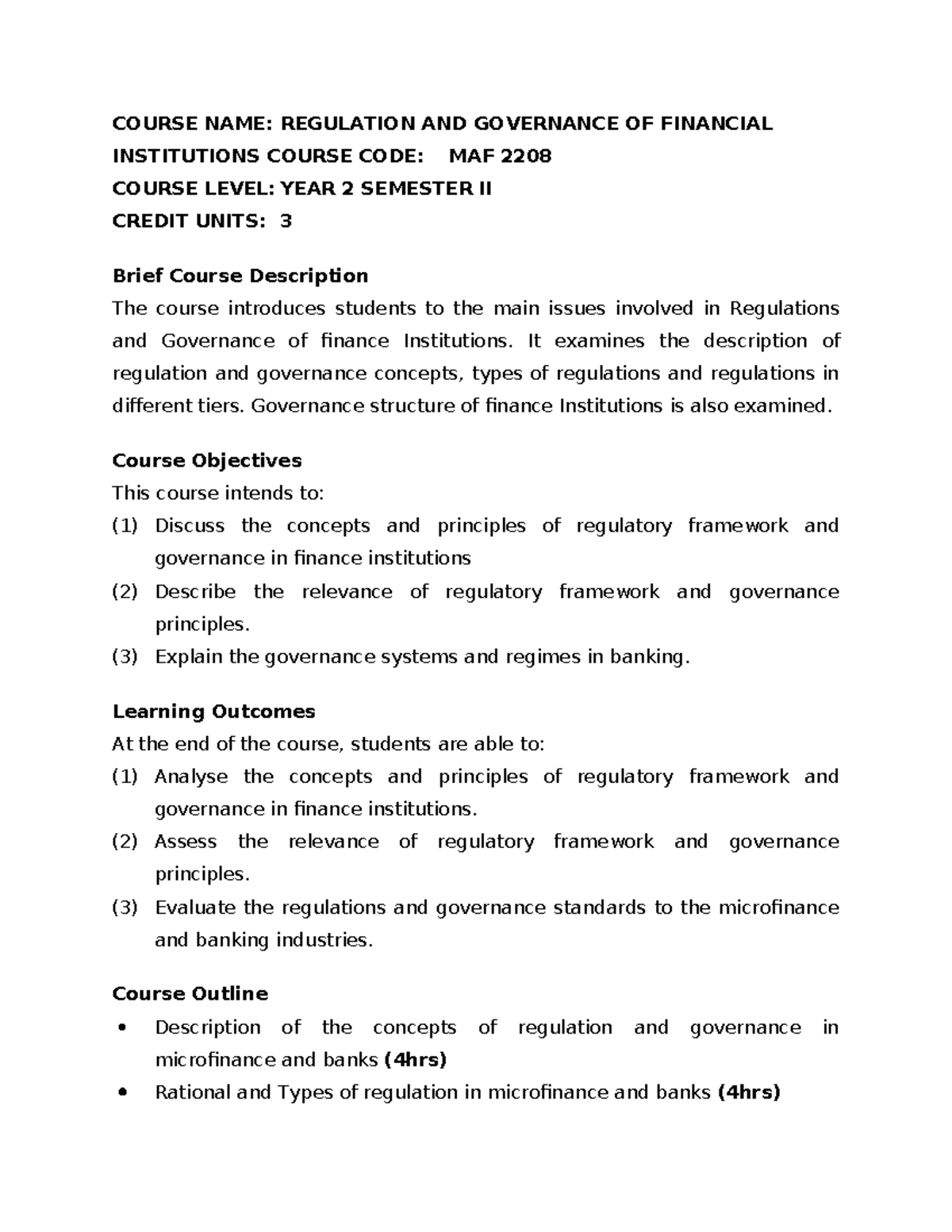 Regulation and Governance of Financial Institutions MAF 2208 Overview ...