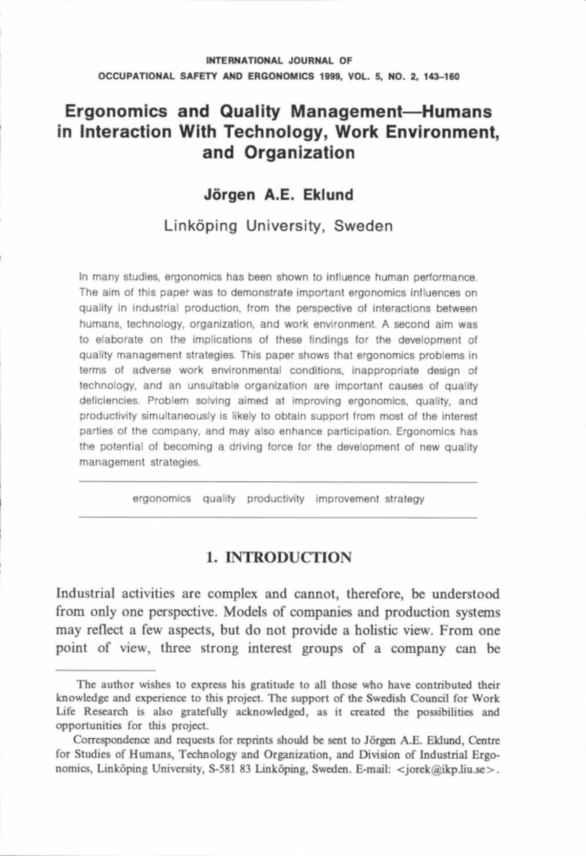 Ergonomics and Quality Management— Humans - INTERNATIONAL JOURNAL OF ...