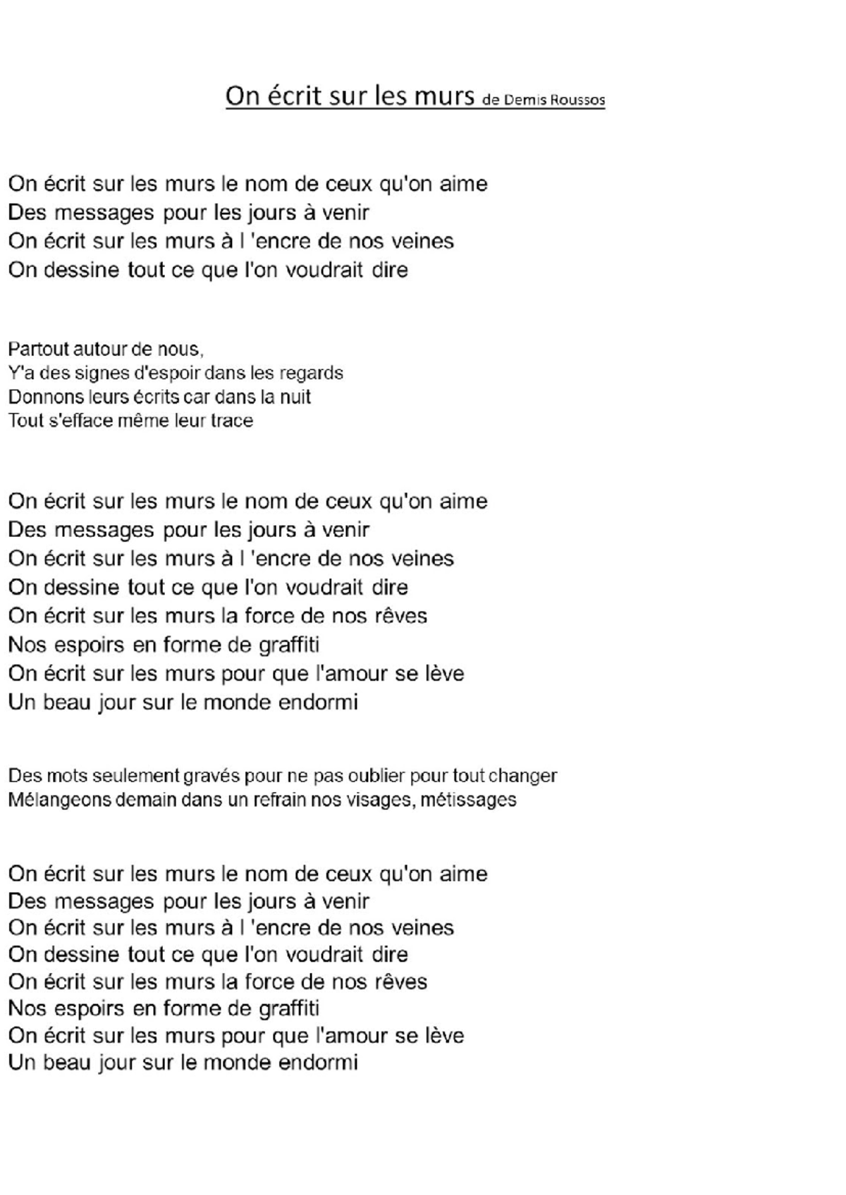 Analyse de la chanson: "On écrit sur les murs" - Étude secondaire - Studocu