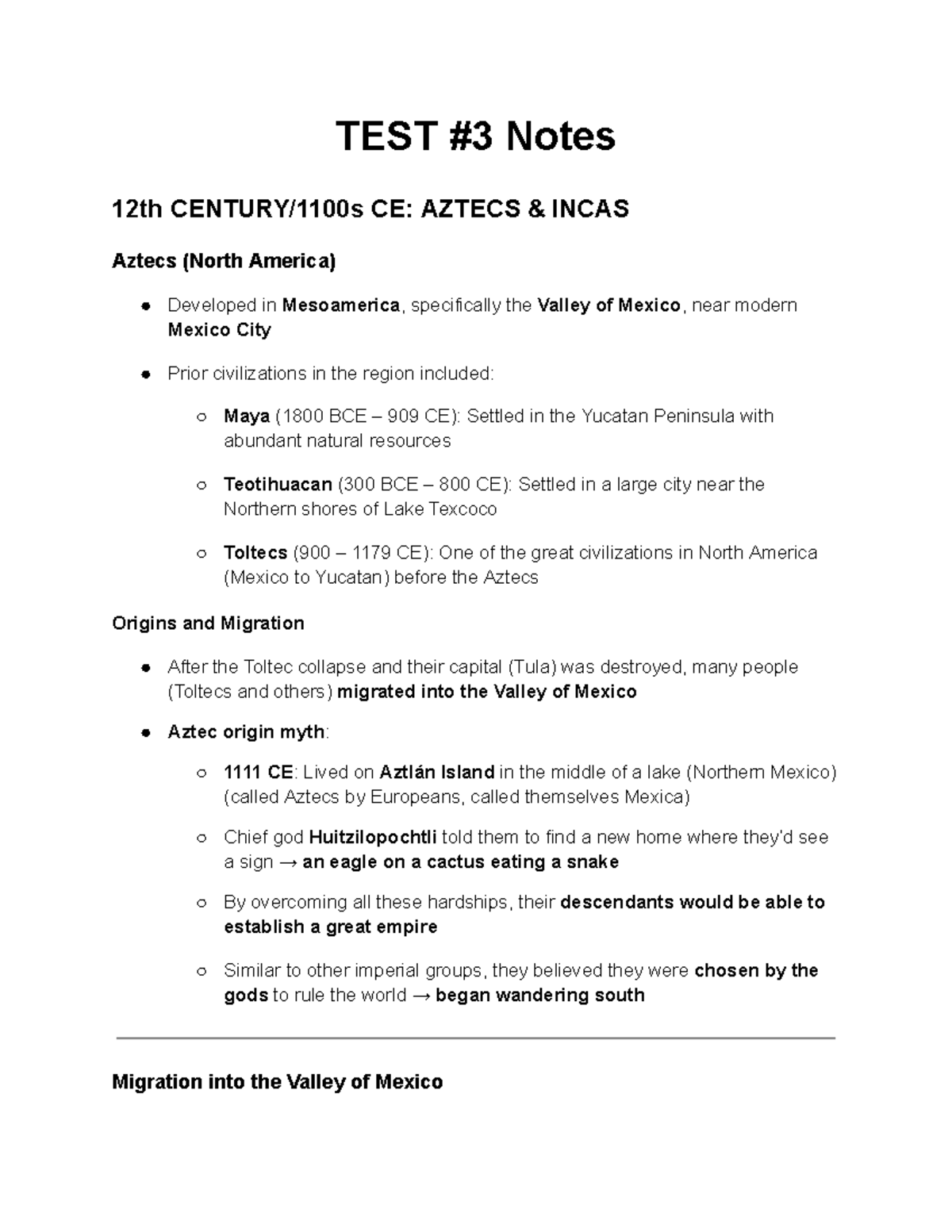 TEST #3 Notes: Aztecs & Incas Overview - Studocu