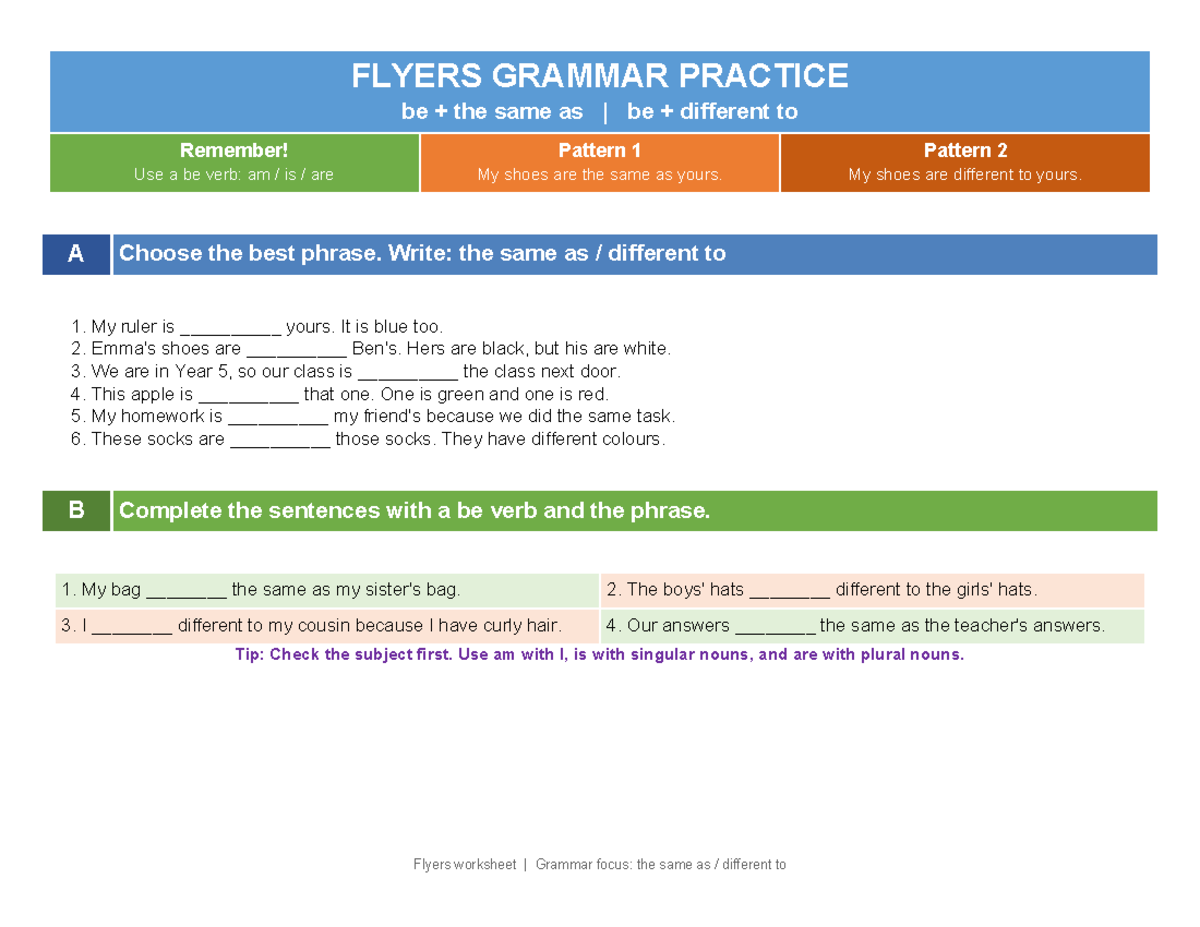FLYERS Grammar Practice: Same vs. Different to - Studocu