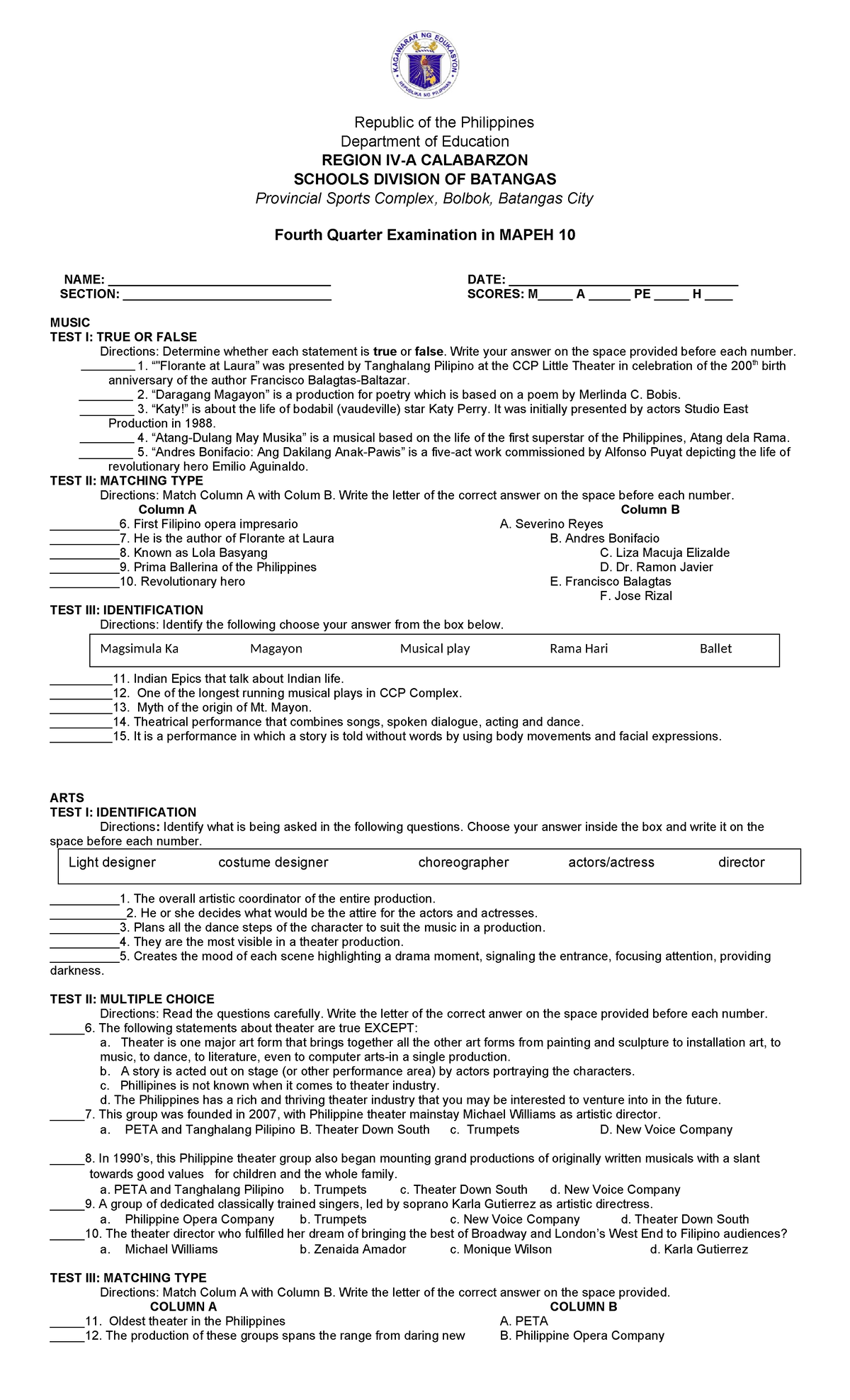 G10 Fourth Quarter Examination - Republic of the Philippines Department ...