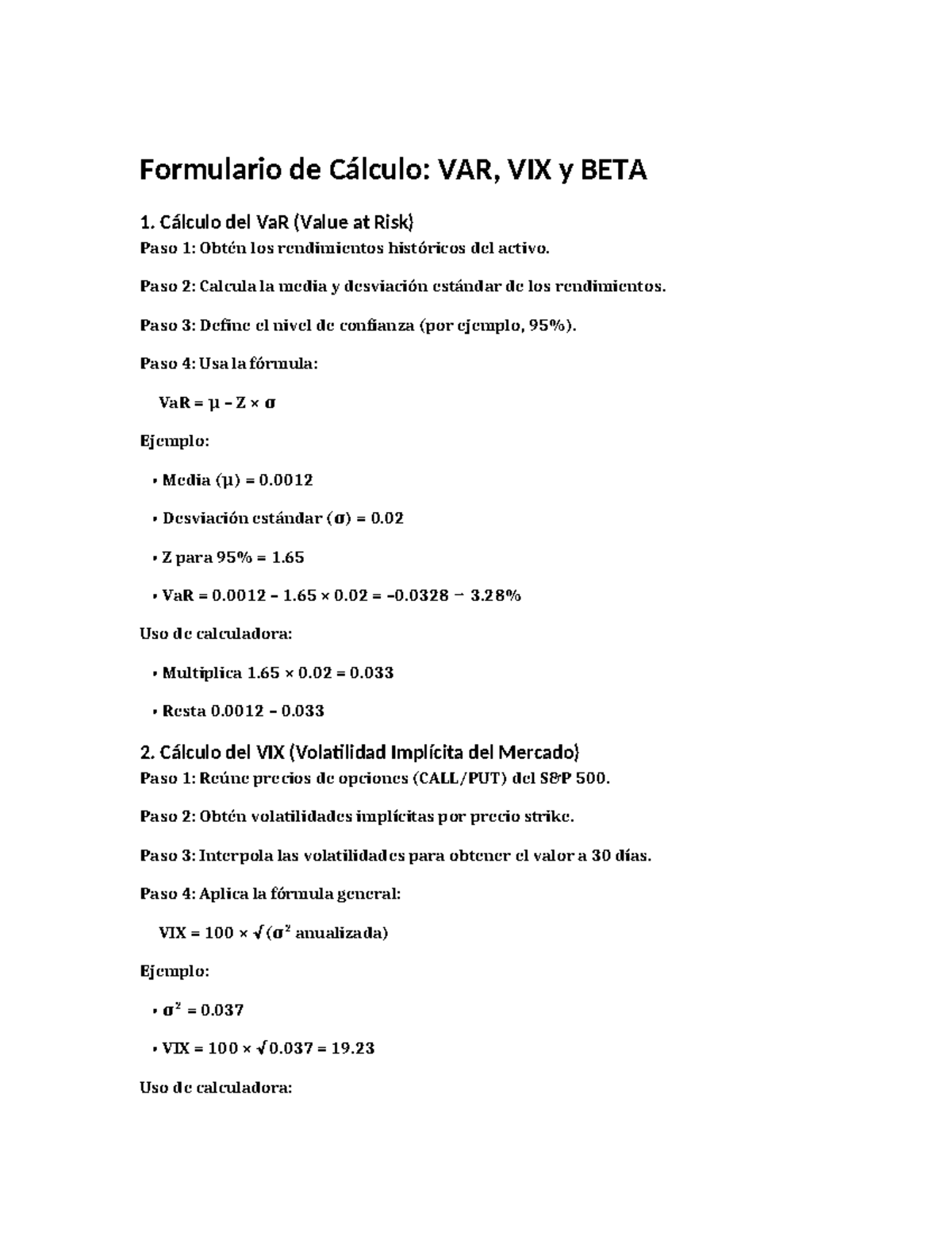 Formulario de Cálculo: VAR, VIX y BETA Completo - Studocu