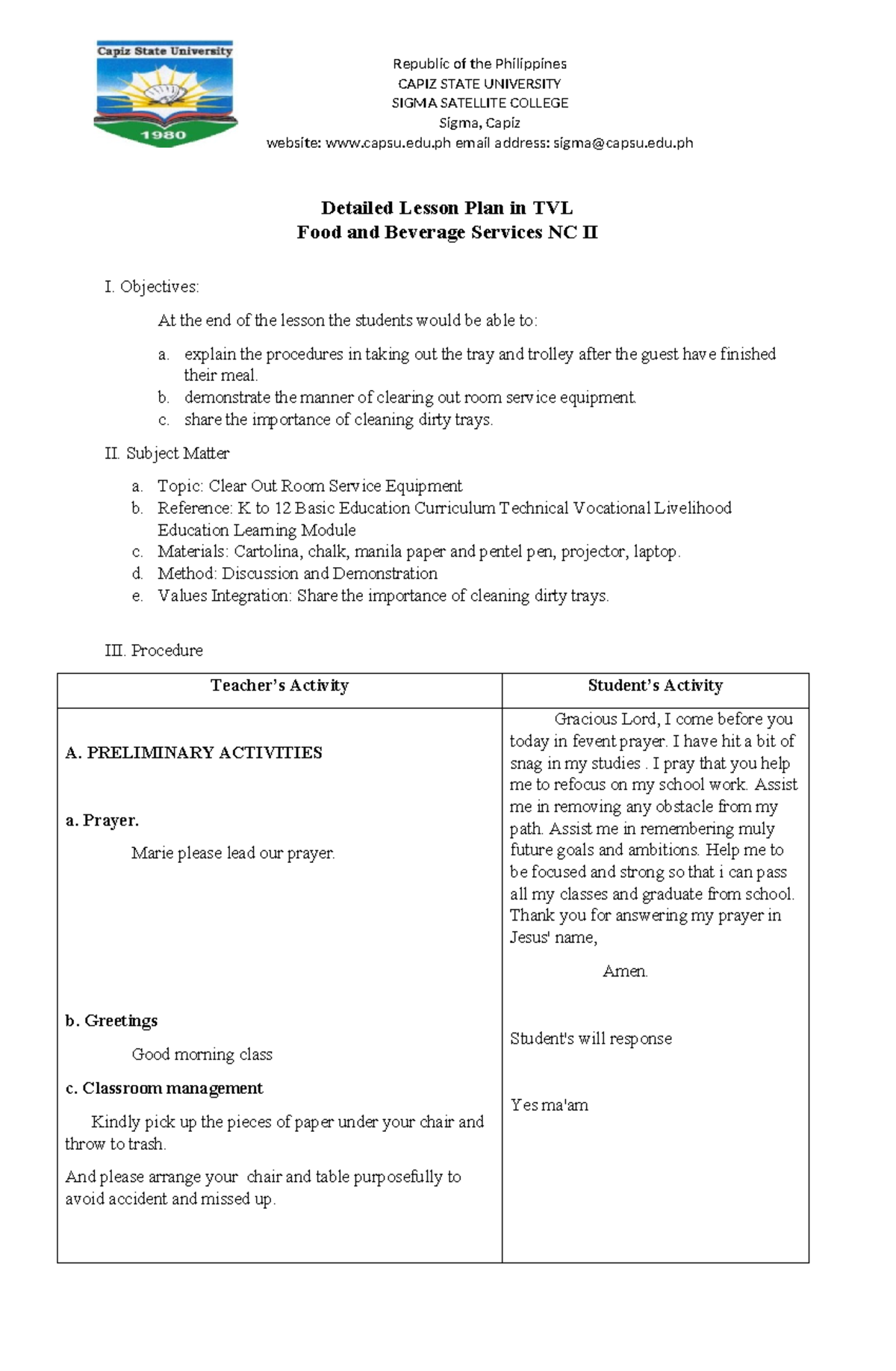 Detailed Lesson Plan for TVL Food and Beverage Services NC II - Studocu